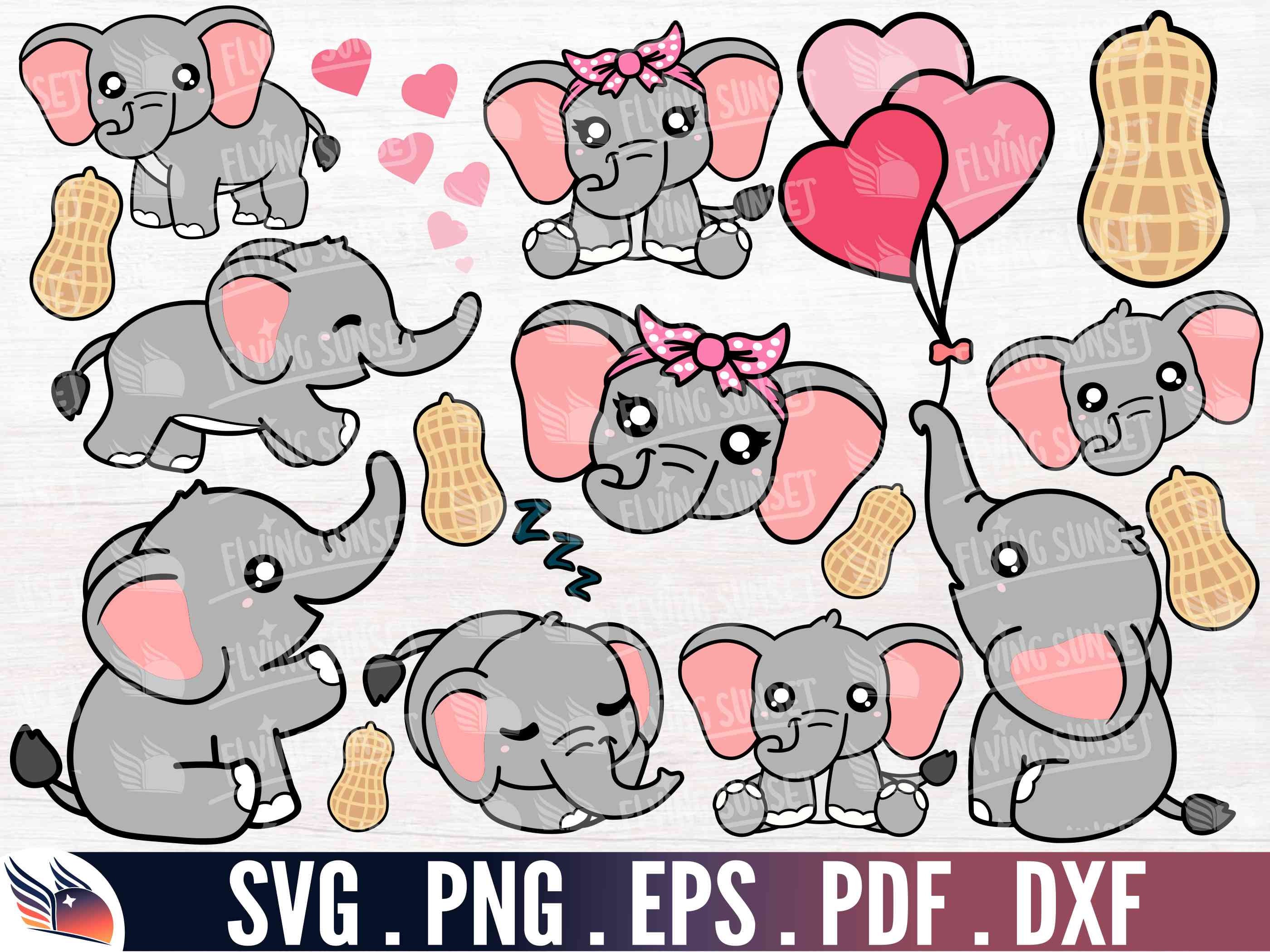 Cute Elephant Cut Files, Baby Elephant SVG, Kawaii Jungle Animal ...