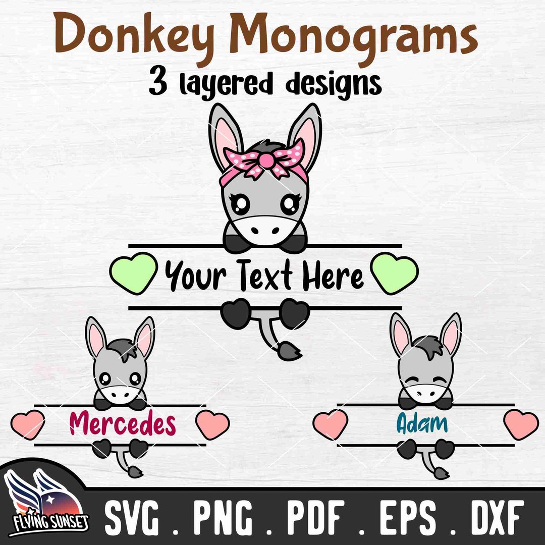 Donkey Monogram SVG Clipart, Cute Farm Animal PNG, Kawaii Donkey Bundle ...