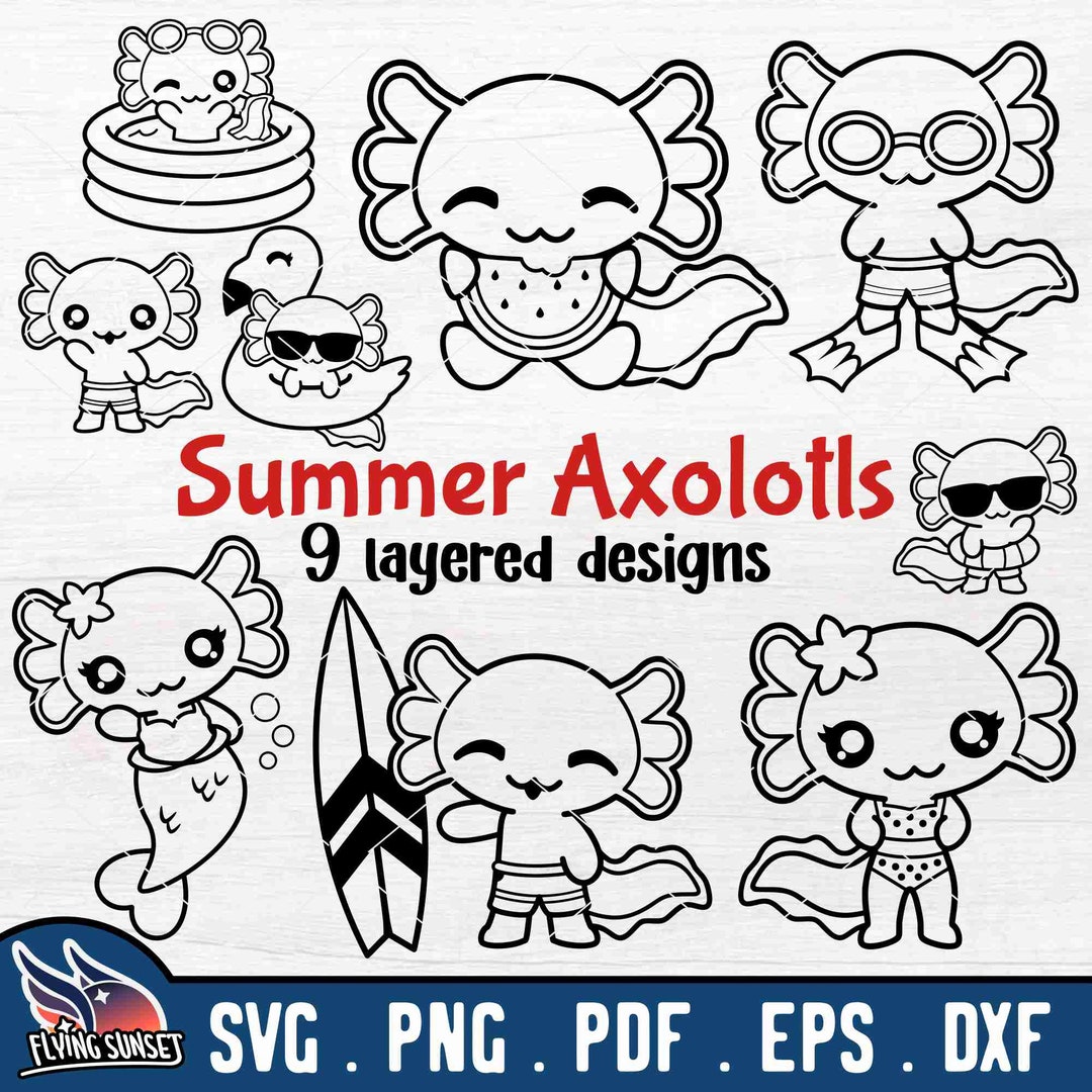 Summer Axolotl Outline Clipart SVG, Cute Axolotl Beach Party PNG ...