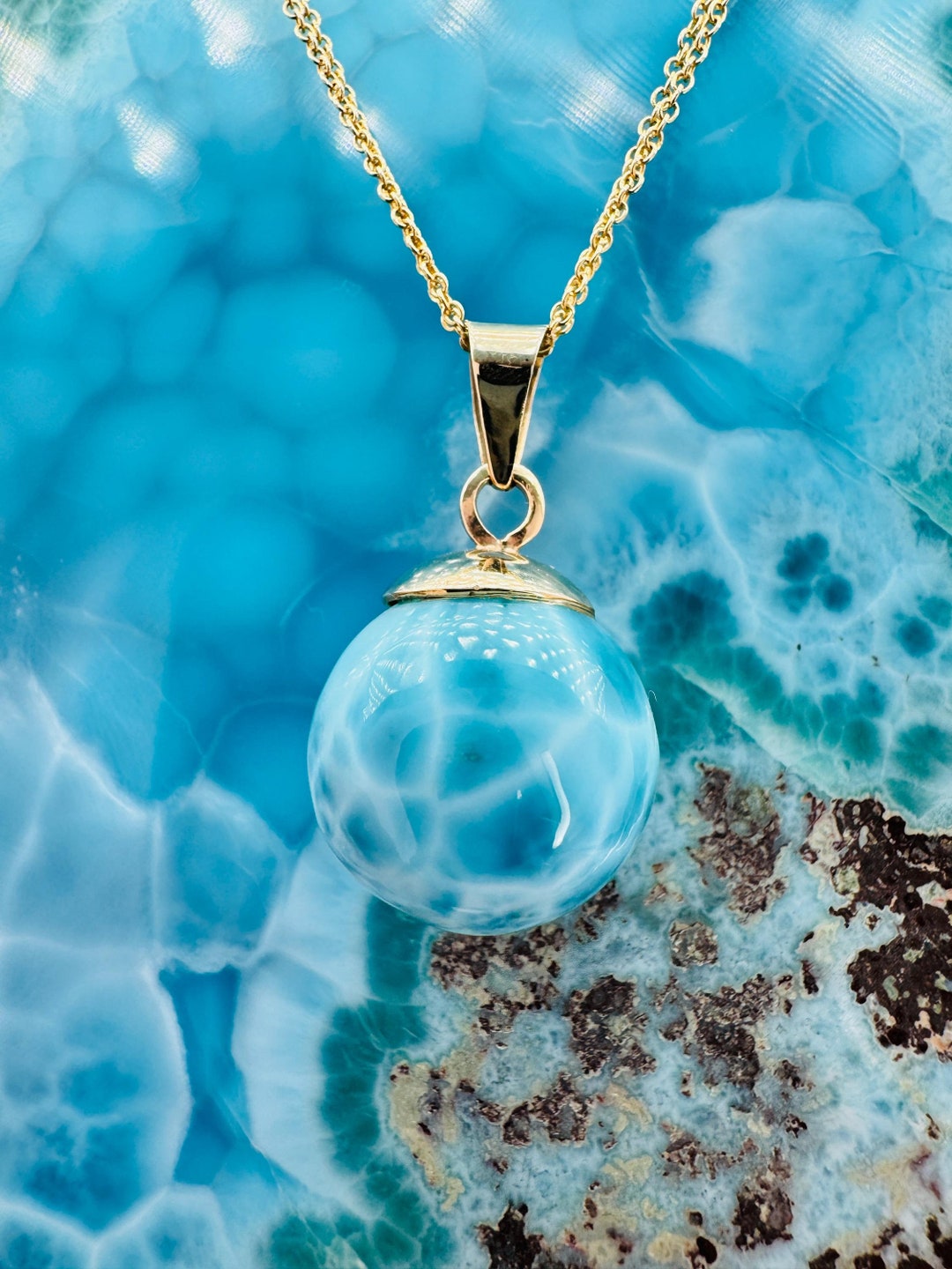 Exclusive Larimar Azure Gold Pendant - Perfect Sphere,super Blue ...