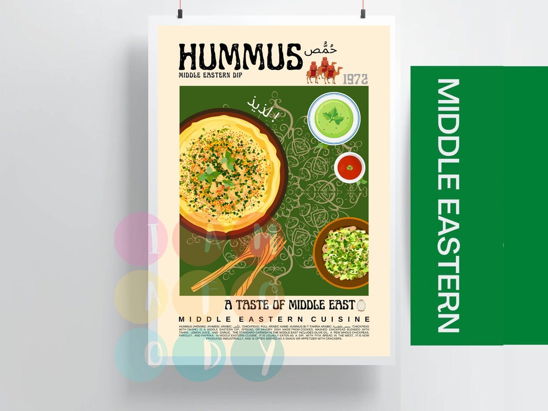 Hummus Poster Green Vintage Style, Middle Eastern Food Wall Art, Middle ...