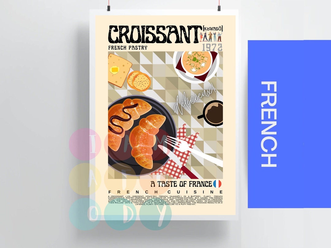 Croissant Poster Retro Style, French Food Print, France Cuisine Food ...