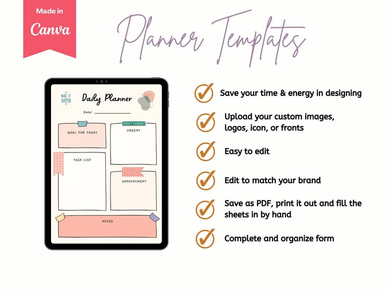 Editable Printable Planner Template Canva, Canva Template Kit, Daily ...