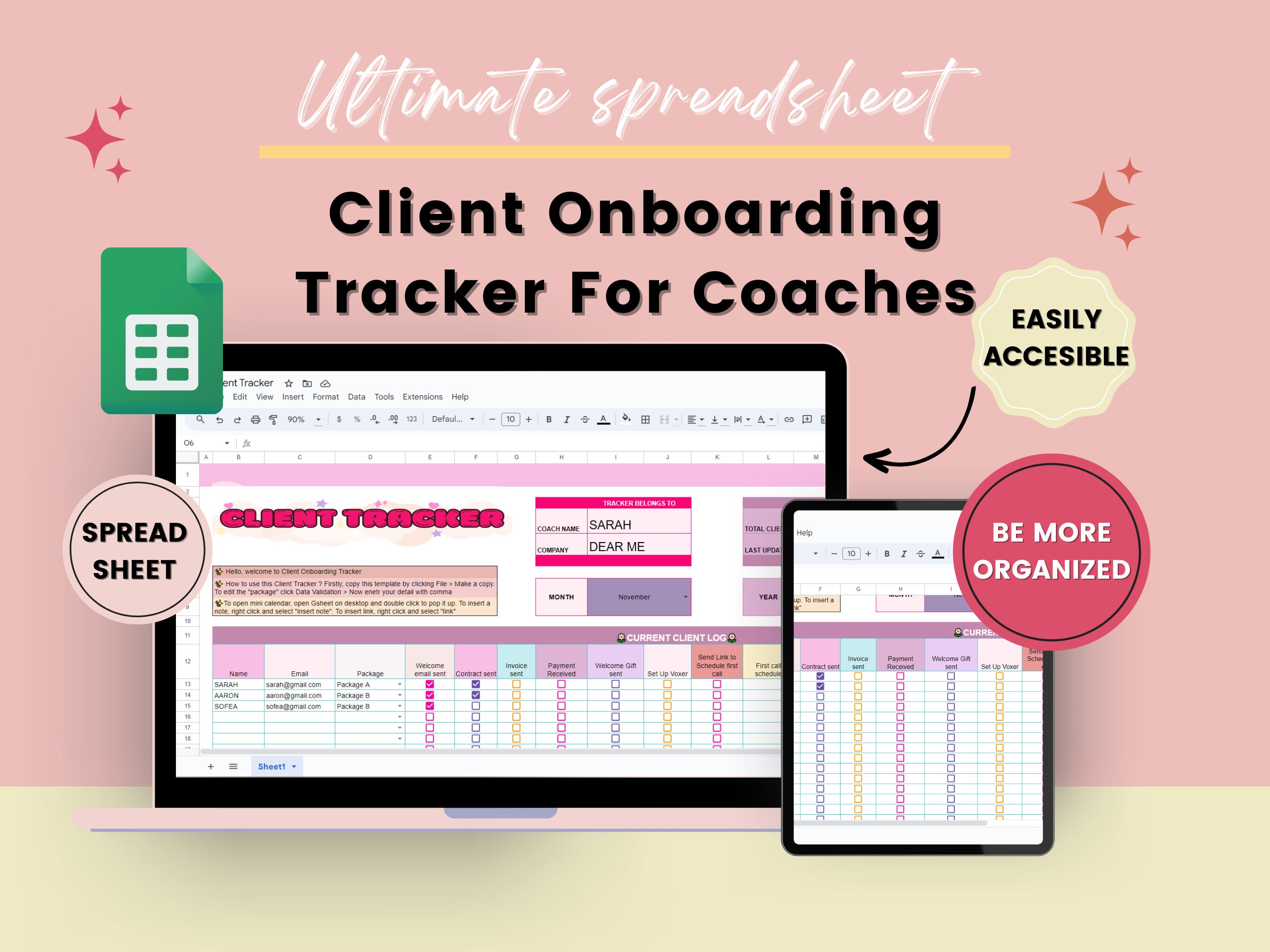 Client Onboarding Tracker Spreadsheet for Coaches, Client Management ...