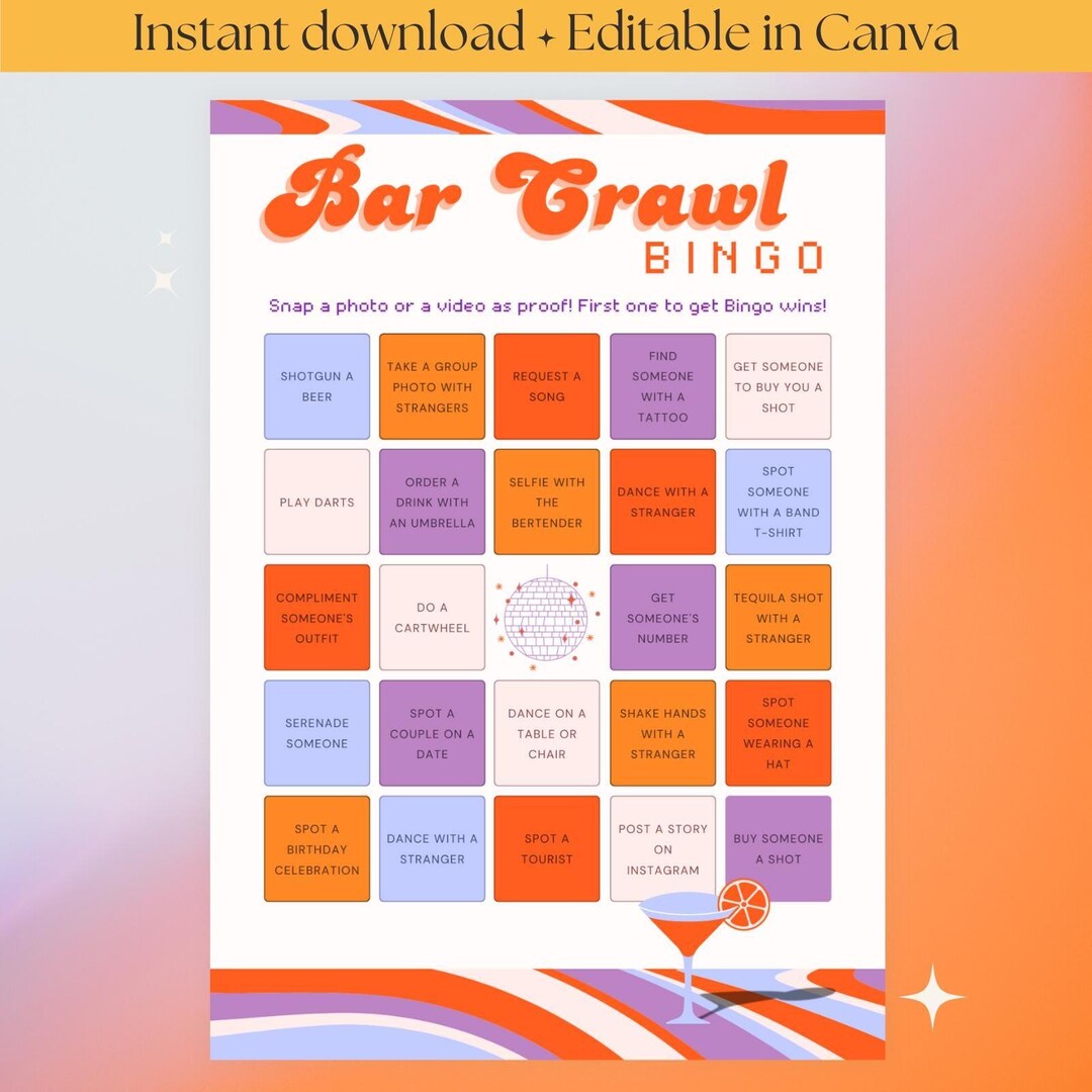 Retro Bar Crawl Bingo: Editable Party Game (canva Template, Printable ...