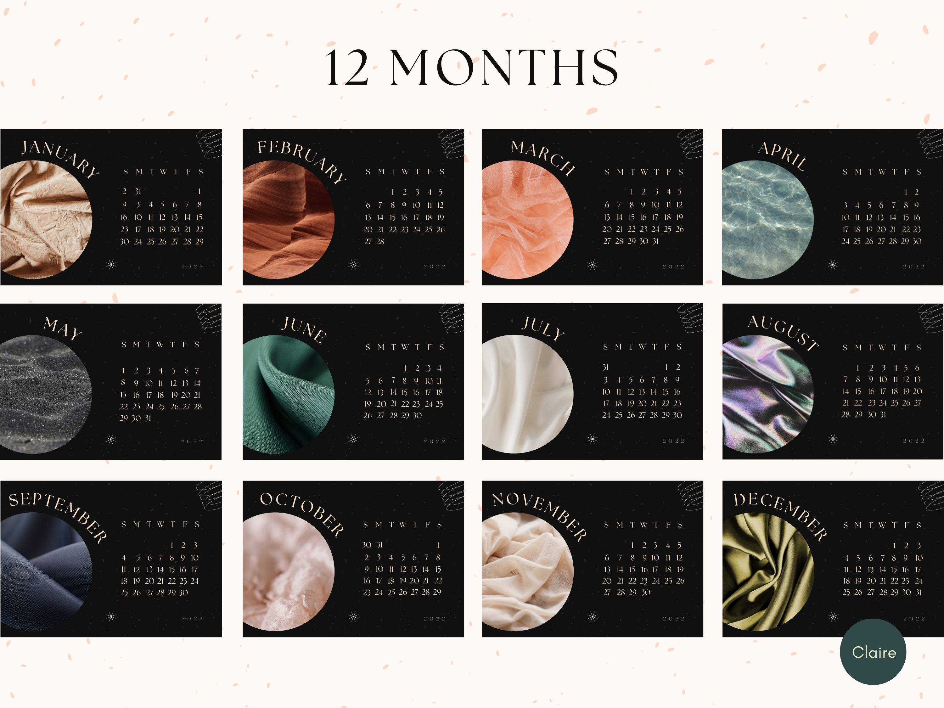 2022 Monthly Calendar Digital Printable Modern Black Elegant Dark ...