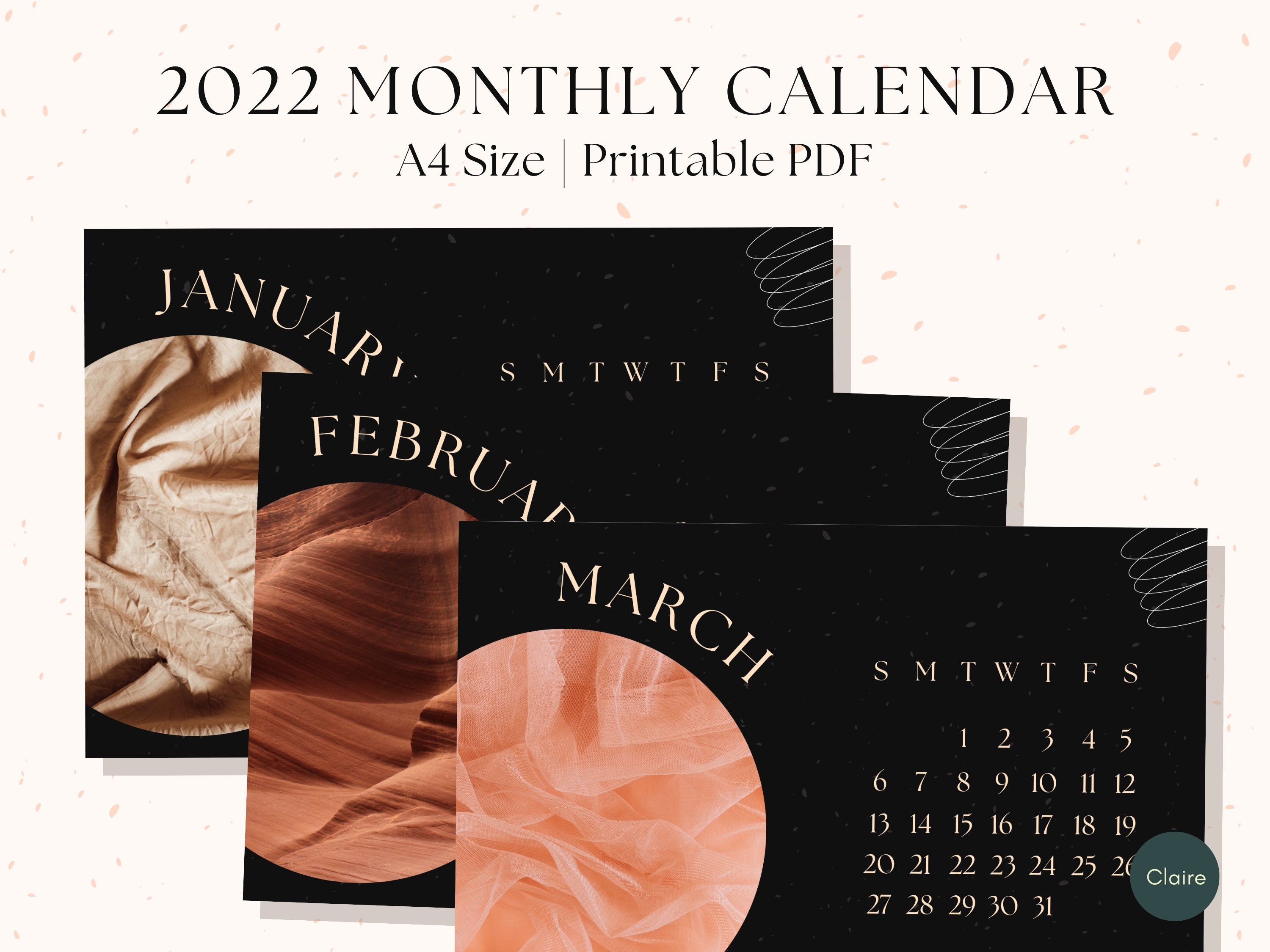 2022 Monthly Calendar Digital Printable Modern Black Elegant Dark ...
