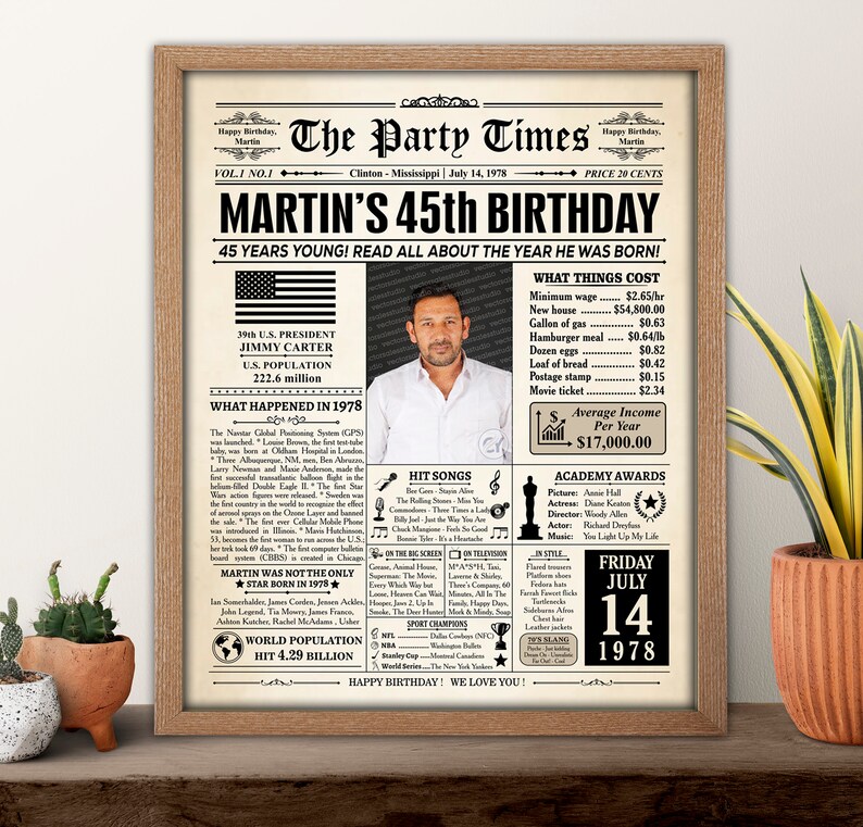 45th Birthday Newspaper Poster 45th Birthday Gift for Men or - Etsy