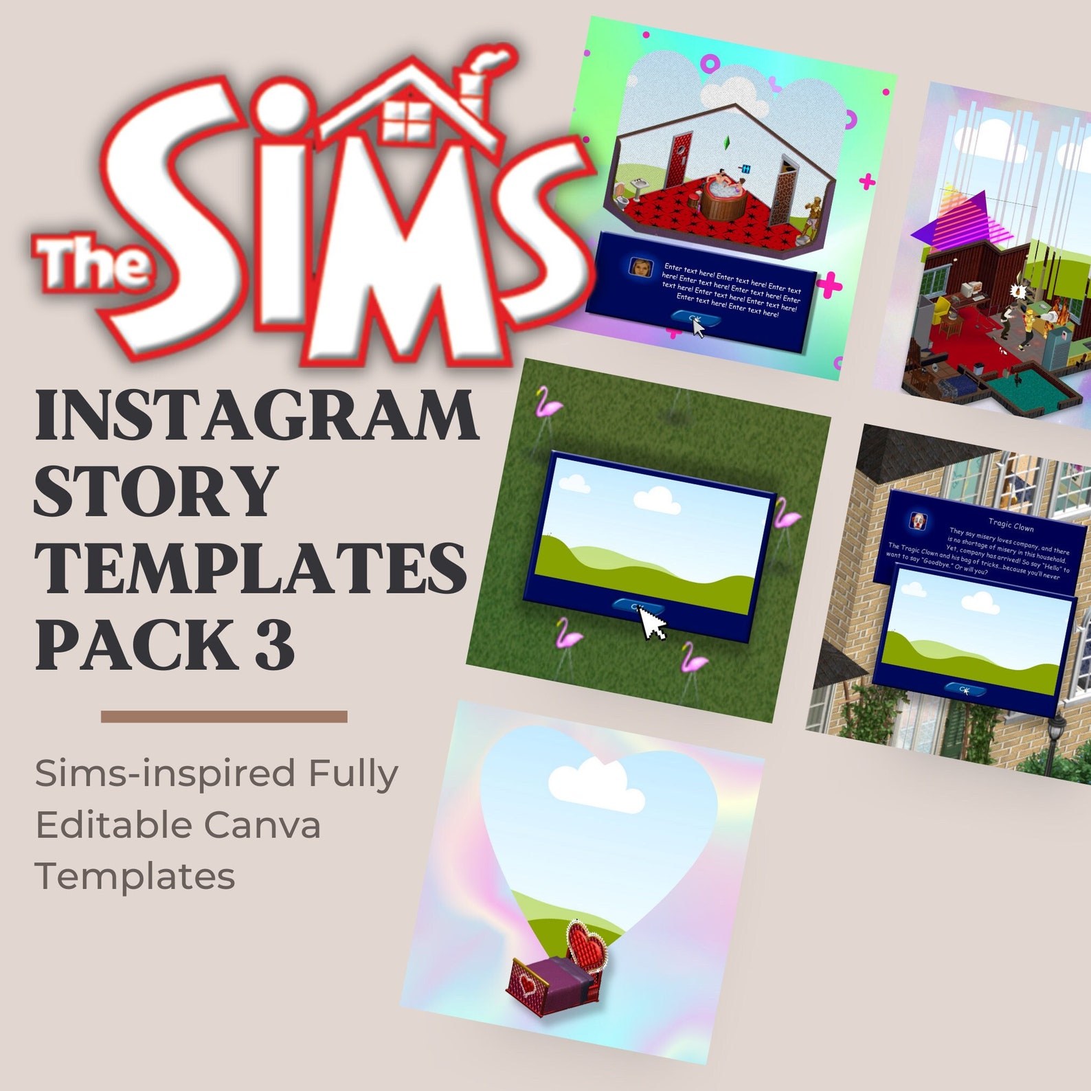 The Sims 1 Pack 3/4 - 5 Social Templates 9x16 for Instagram Bespoke ...