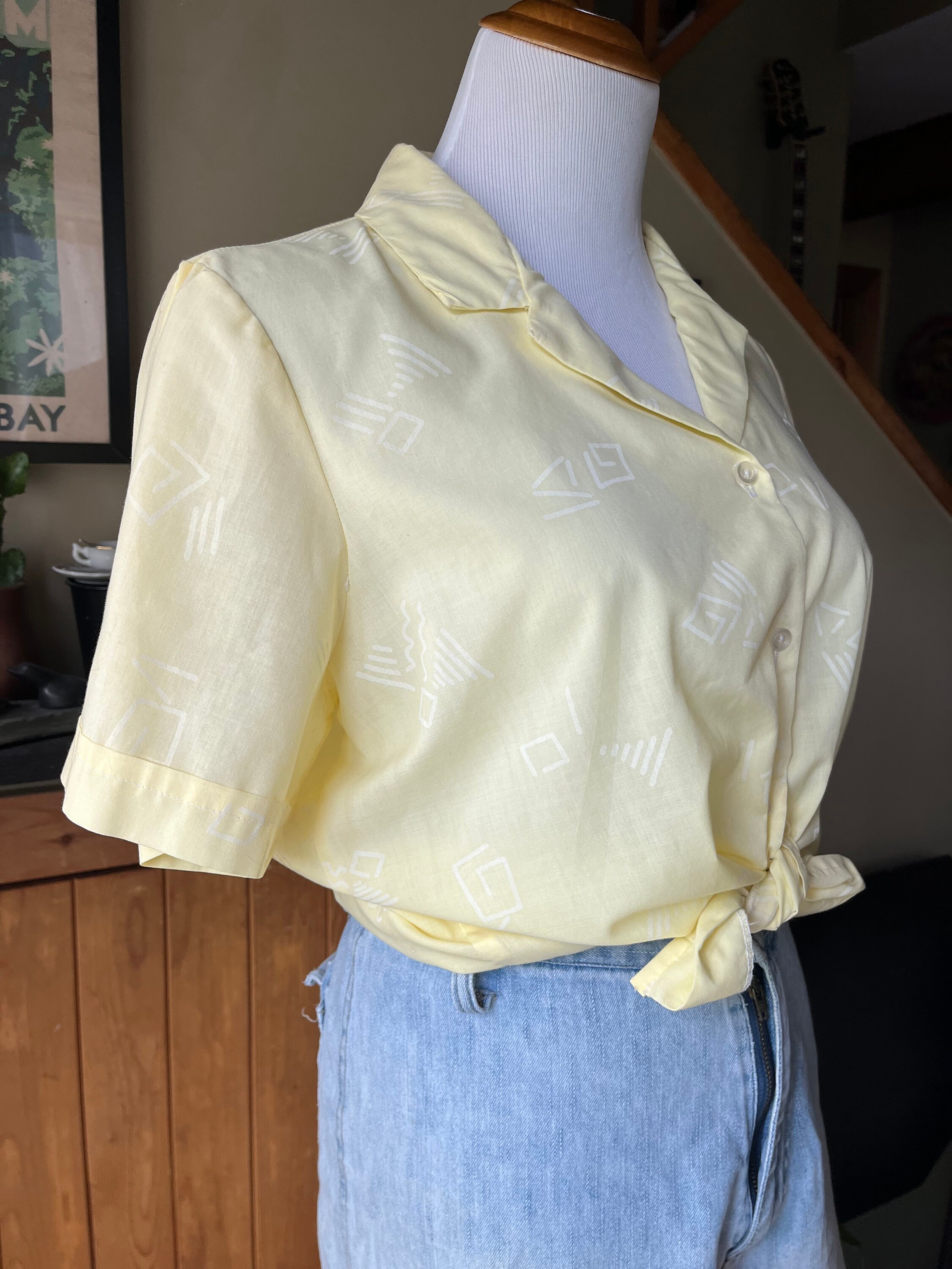 Vintage 80s Light Yellow Abstract Line Patterned Button-up - Etsy