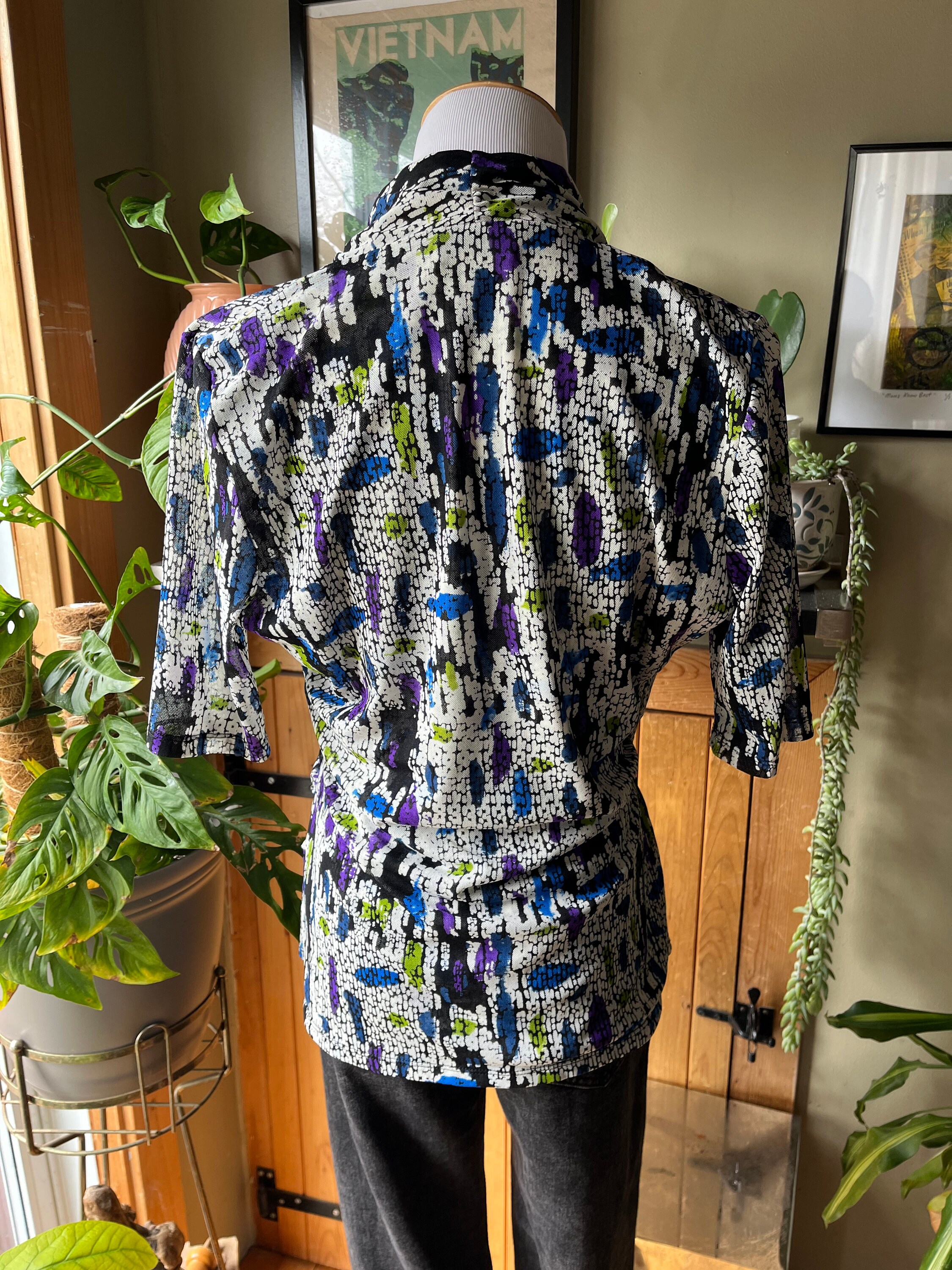 Vintage 80s Vibrant Colour Splash Abstract Mesh Shirt / Retro 1980s V ...