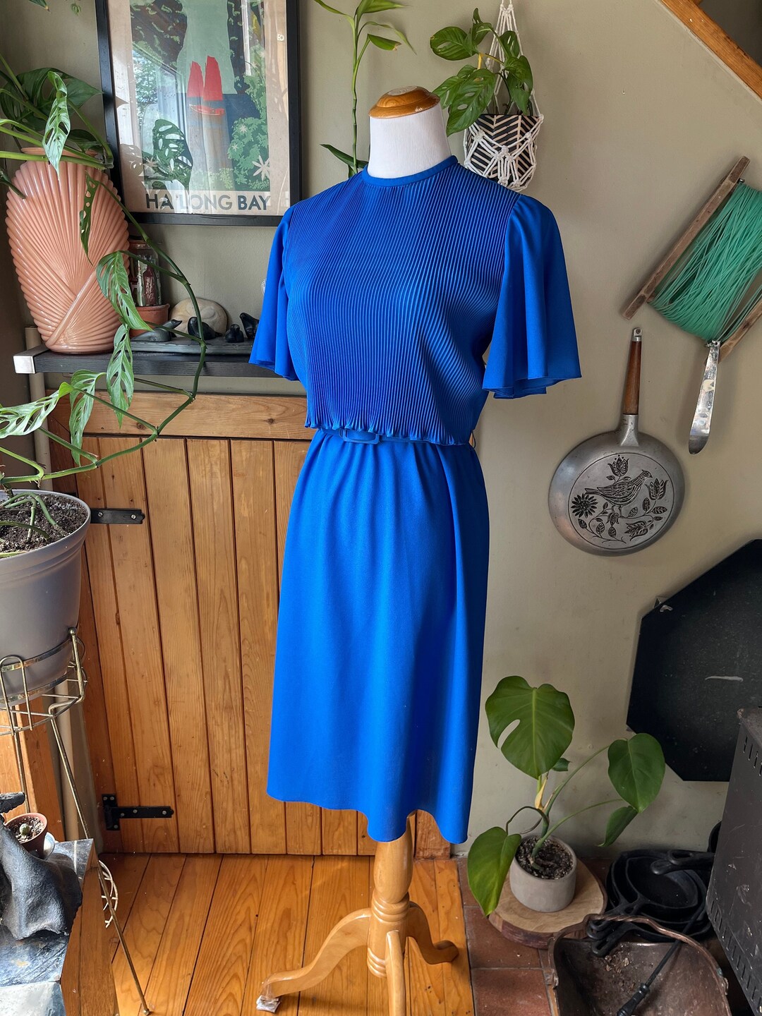Vintage 70s Bright Blue Belted Midi Dress With Accordion Pleated Top ...