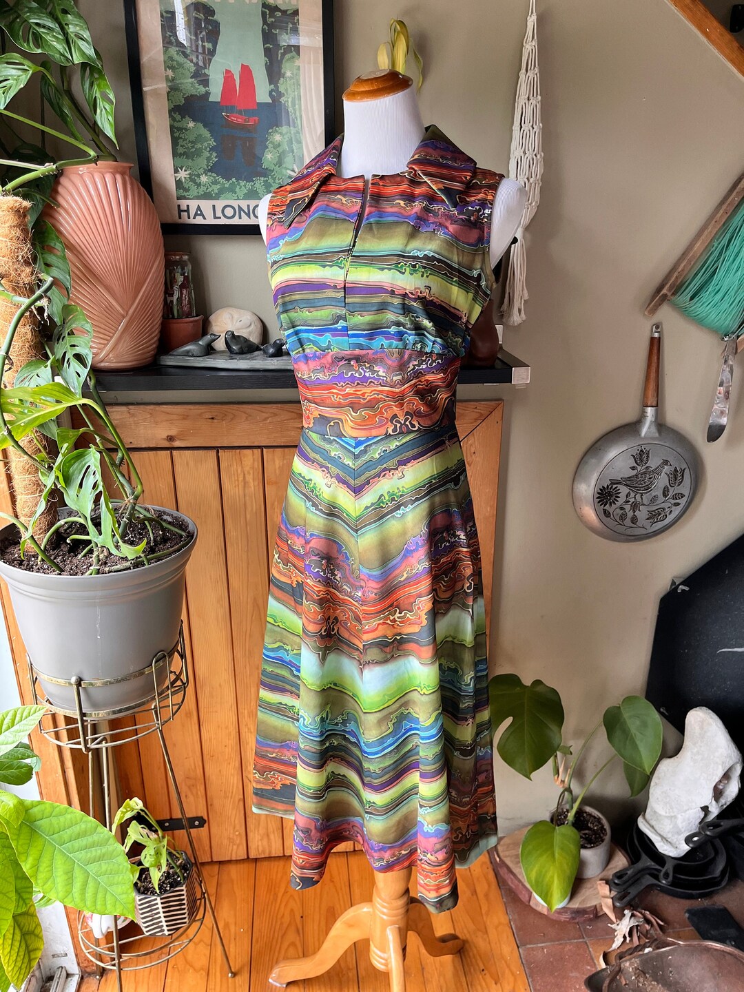 Vintage 70s Psychedelic Rainbow Fit & Flare Midi Dress / Retro 1970s ...