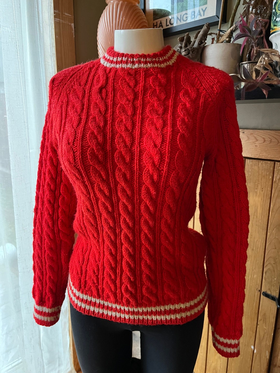 Vintage 60s Bright Red Cable Knit Pullover Jumper / Retro 1960s Hand ...