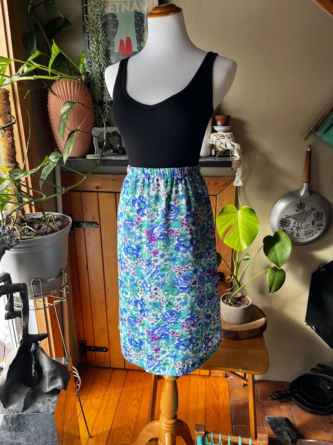 Vintage 90s Textured Floral Midi Skirt / Retro 1990s 80s Teal Blue ...
