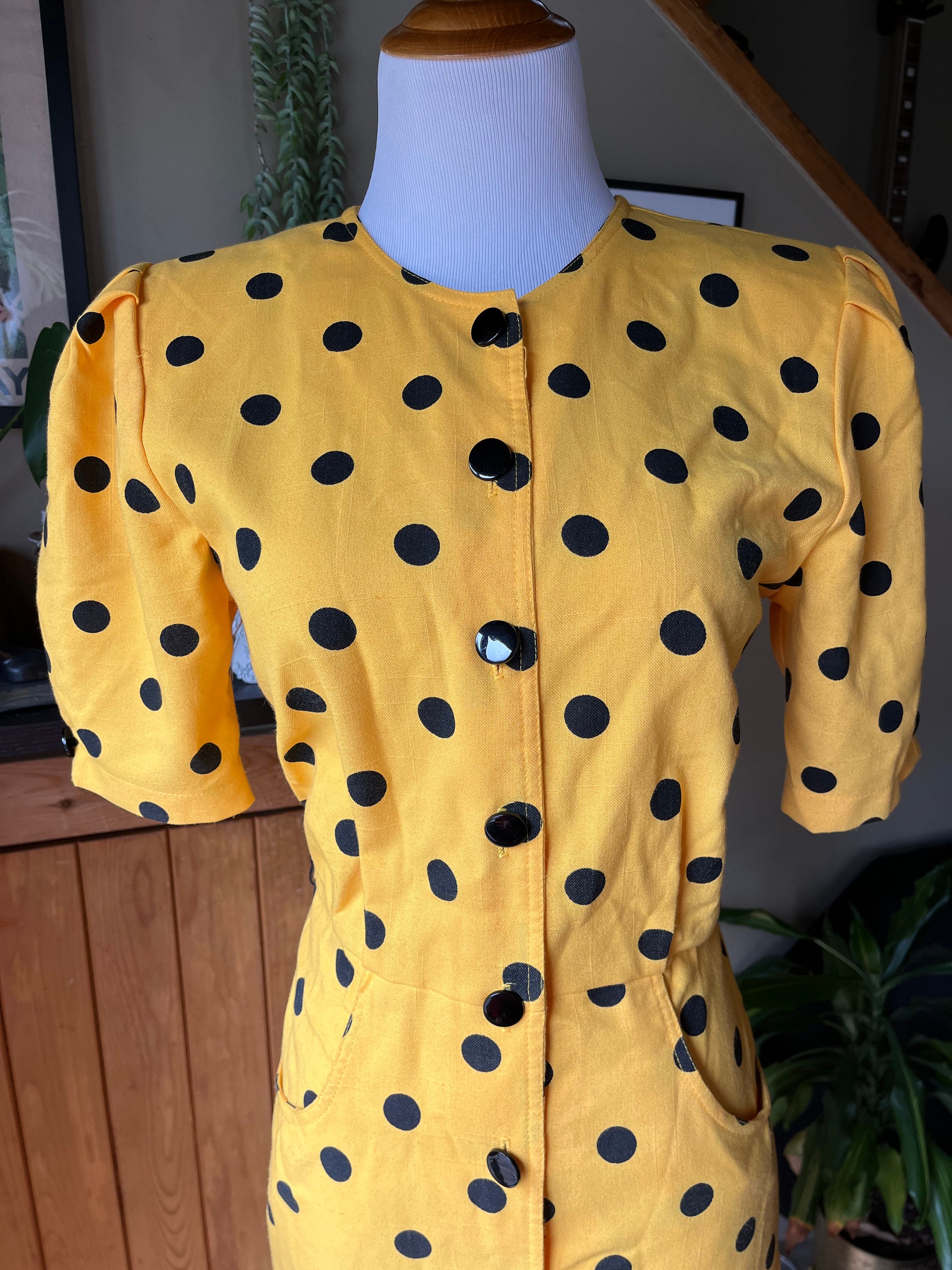 Vintage 80s Mustard Yellow Black Polka Dot Dress / Retro 1980s Button ...