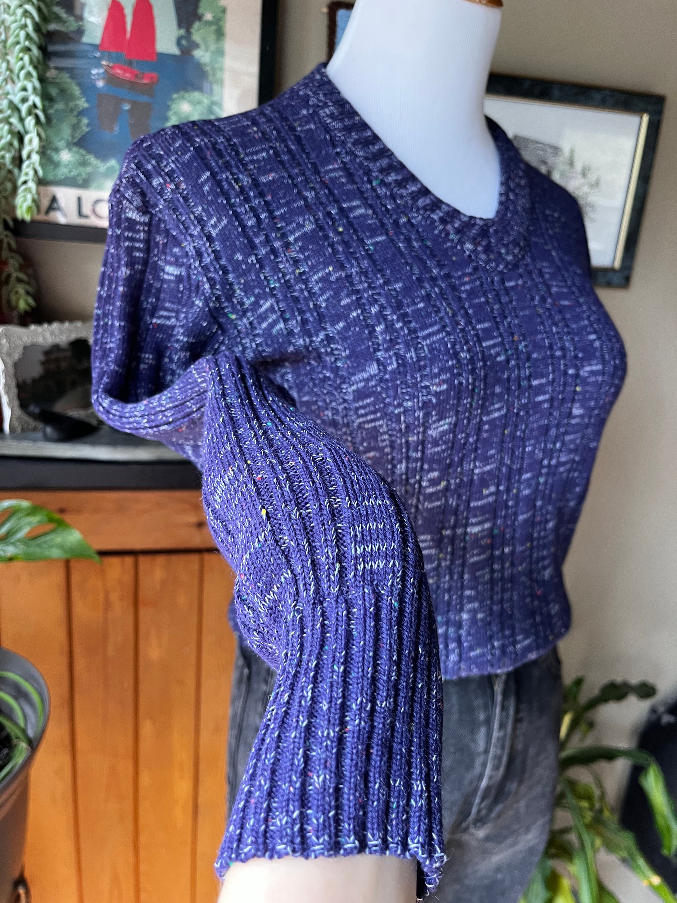 Vintage 70s Dark Purple Rainbow Speckled Ribbed Knit Sweater / Retro ...