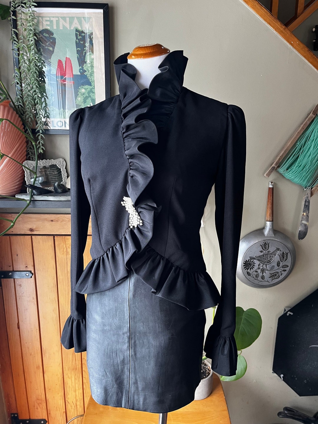 Vintage 70s Black Ruffled Vampy Disco Jacket / Retro 1970s High Ruffled ...