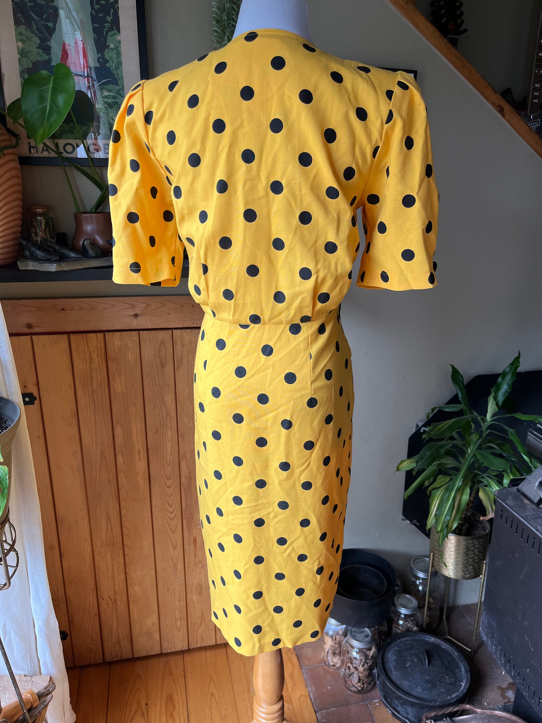 Vintage 80s Mustard Yellow Black Polka Dot Dress / Retro 1980s Button ...