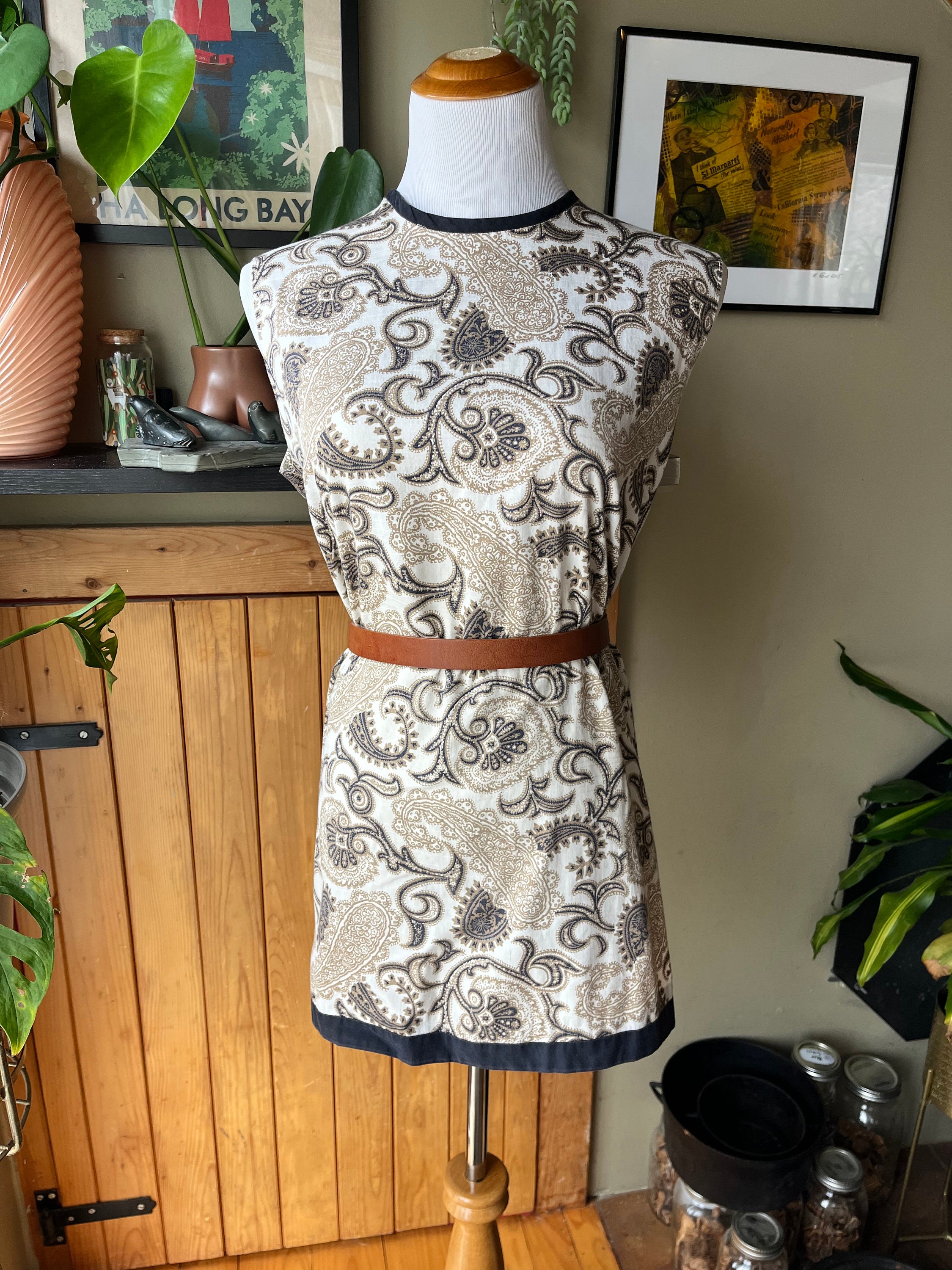 Vintage 60s Neutral Tone Paisley Print Tunic Top / Retro 1960s Boho ...