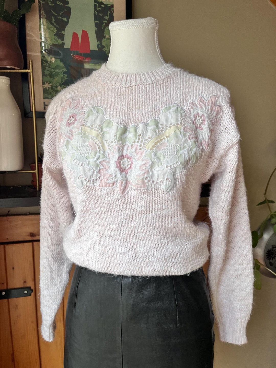 Vintage 80s Pale Pink Grandmacore Pastel Floral Appliqué Sweater ...