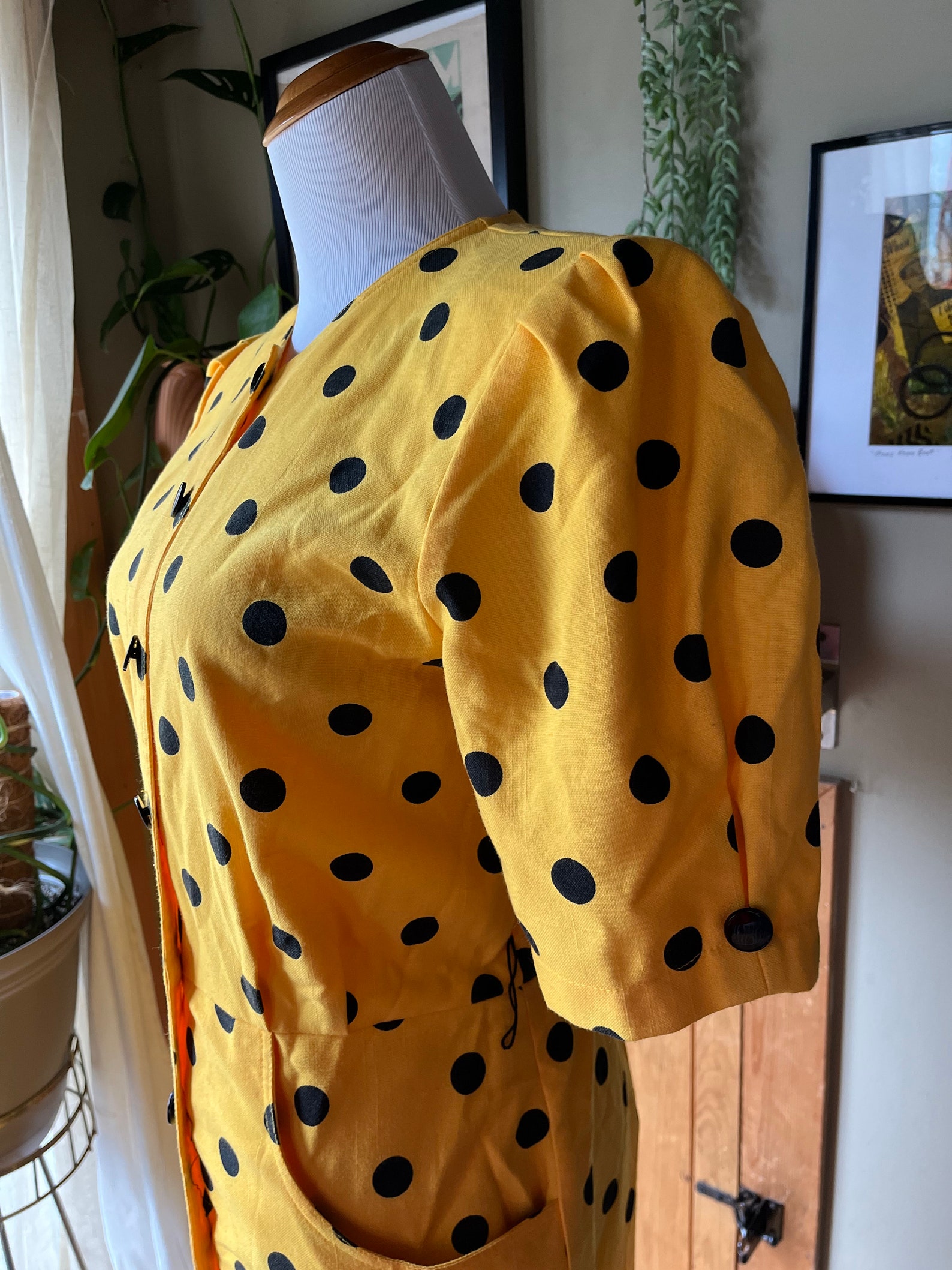 Vintage 80s Mustard Yellow Black Polka Dot Dress / Retro 1980s Button ...