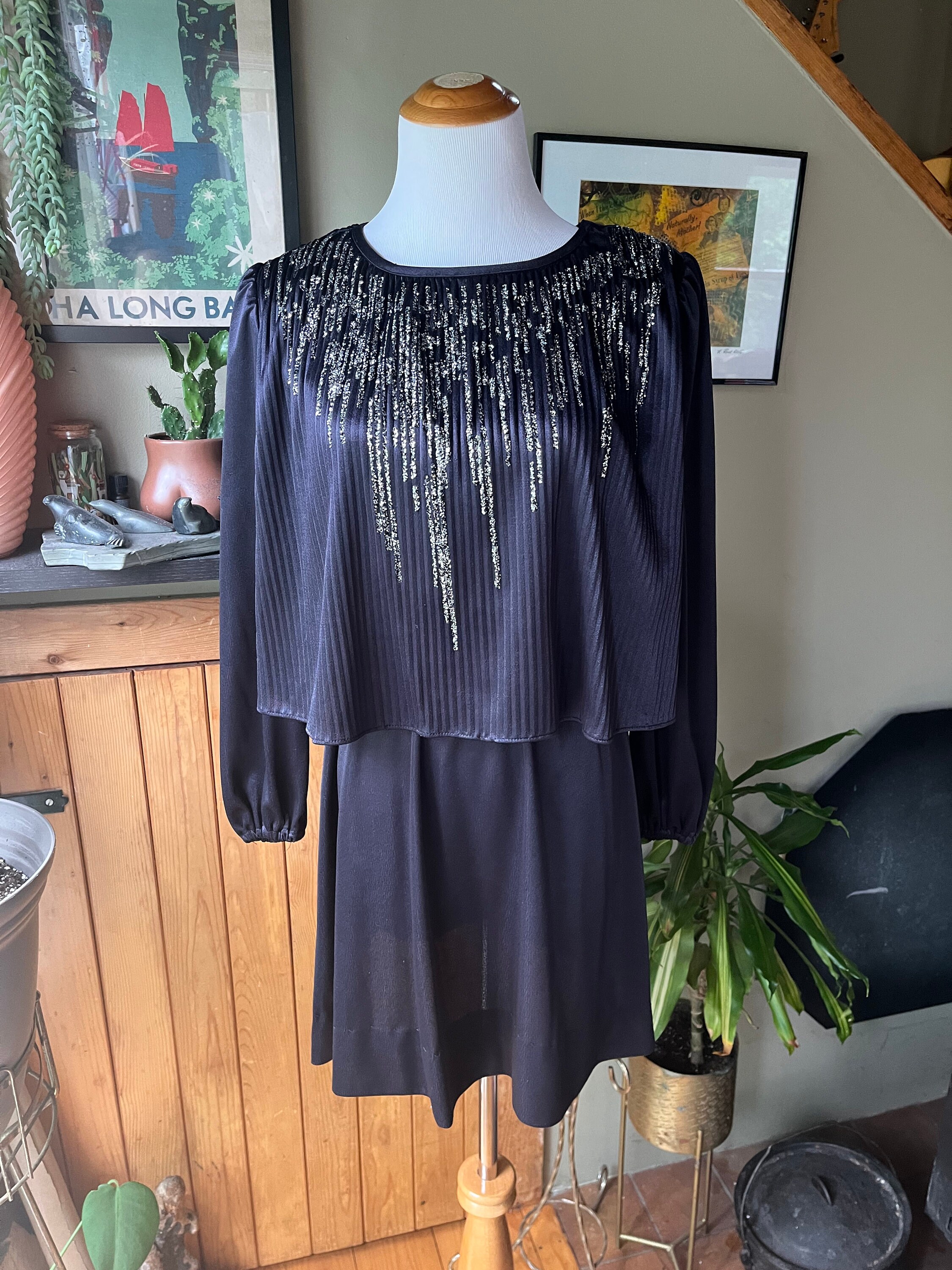 Vintage 70s Black Glittery Disco Mini Dress / Retro 1970s Silver ...