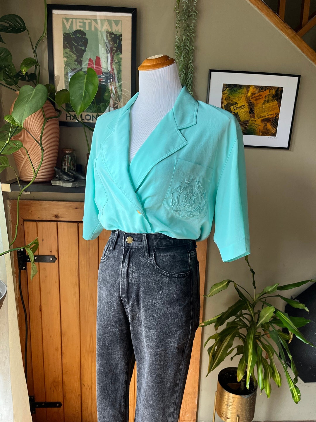 Vintage 80s Light Turquoise Nautical Blouse / Retro 1980s Blue Green ...