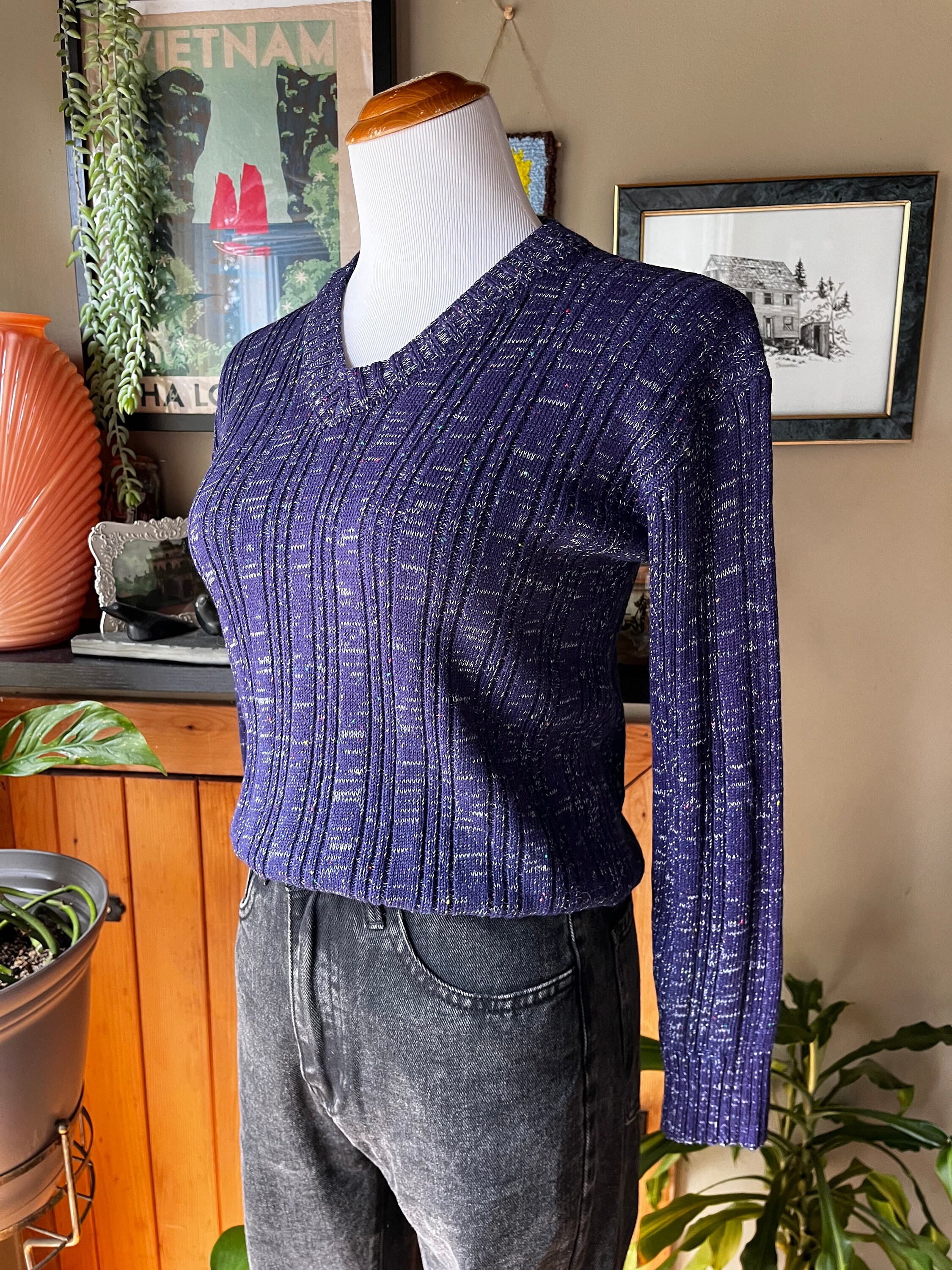 Vintage 70s Dark Purple Rainbow Speckled Ribbed Knit Sweater / Retro ...