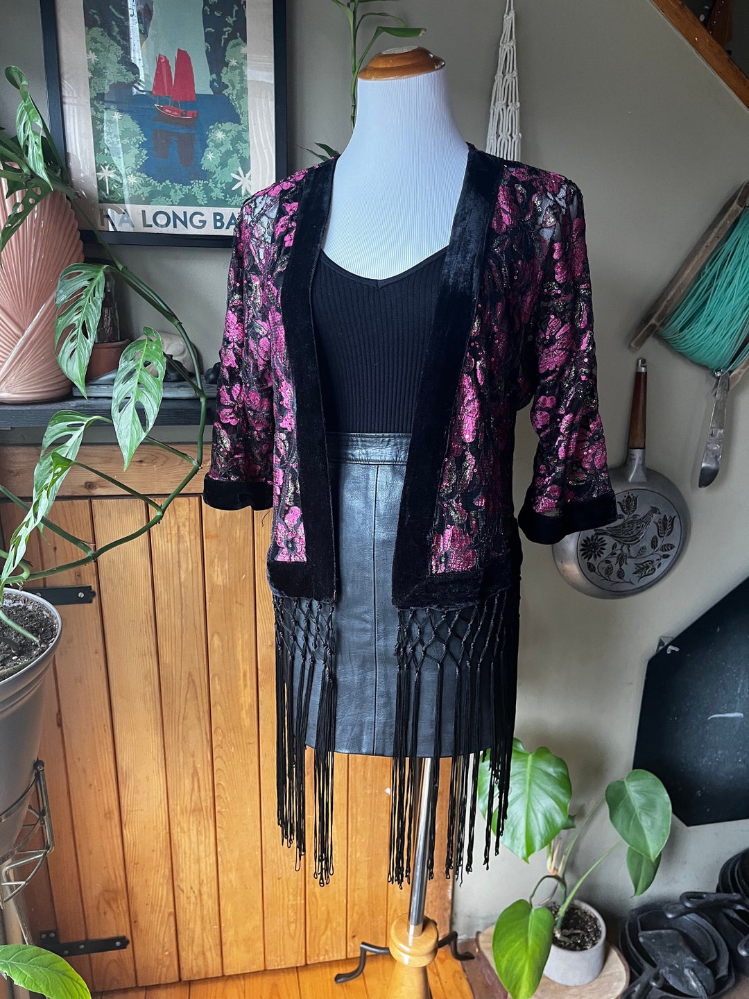 Vintage 00s Y2K Dark Pink Floral Lace Black Velvet Kimono Cardigan / Retro Early 2000s 90s Vampy ...