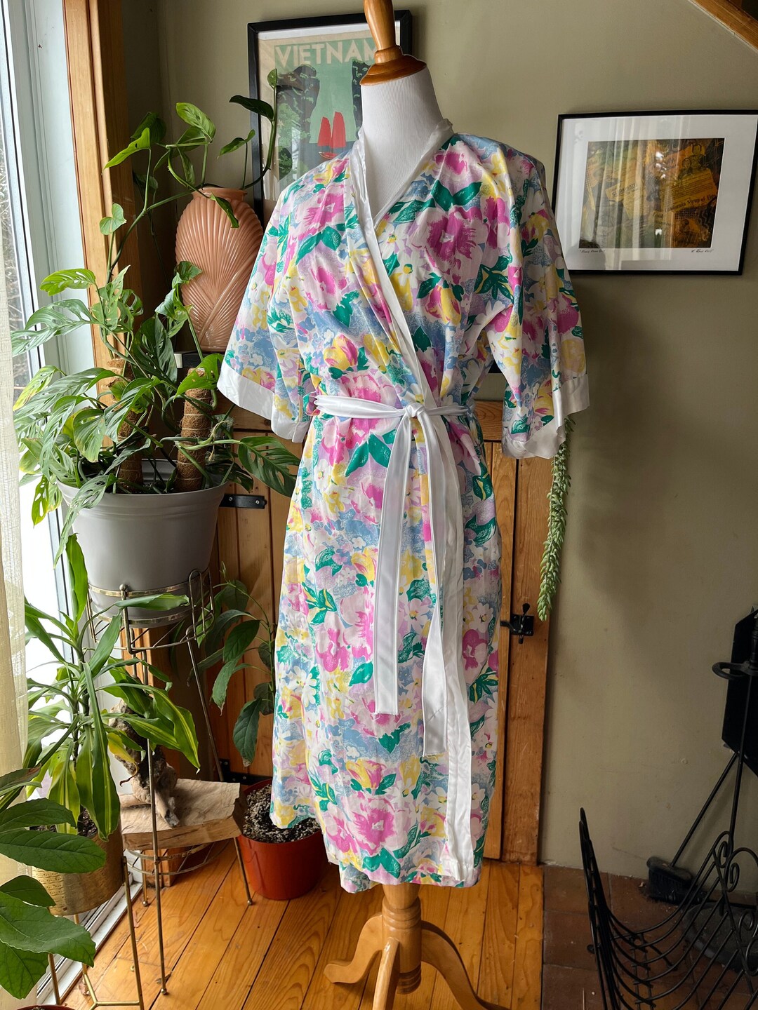 Vintage 80s Pink & Yellow Floral Cotton Mid-length Robe / Retro 1980s ...