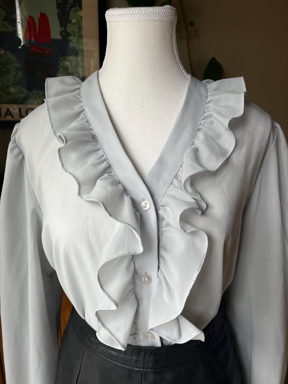 Vintage 70s Pale Grey Ruffle Front Poet Sleeve Blouse… - Gem