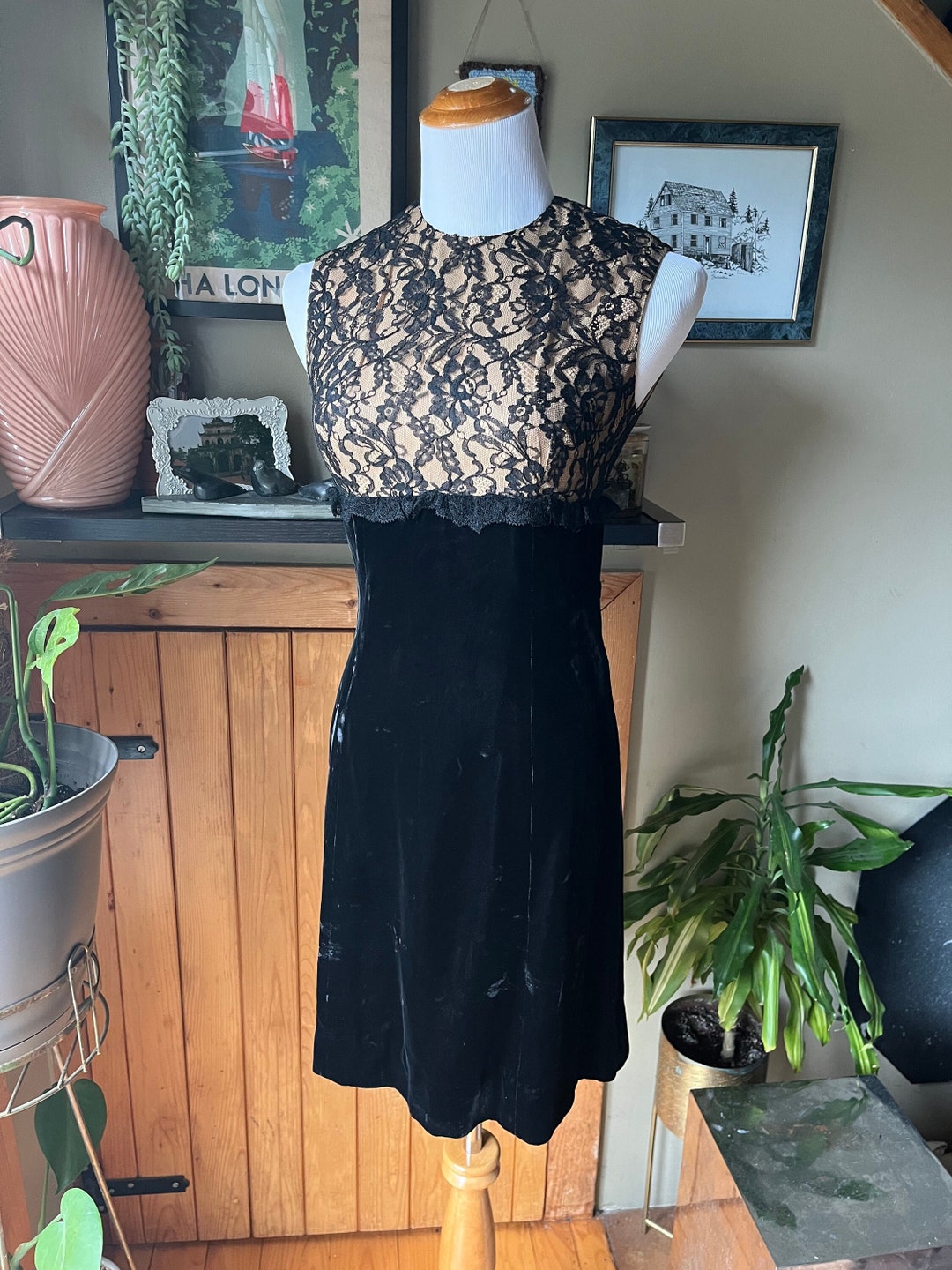 Vintage 60s Black Velvet Lace Mini Dress / Retro 1960s Velour Lace ...