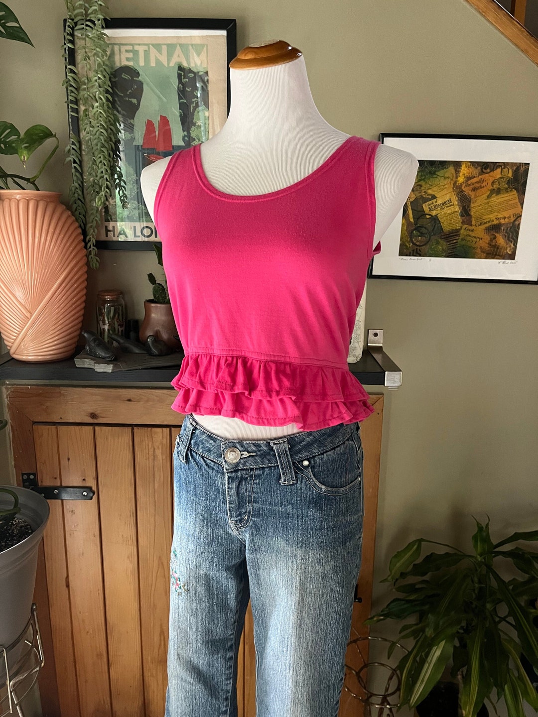 Vintage 90s Pink Ruffle Bottom Tank Top / Retro 1990s Y2K Hot Pink ...