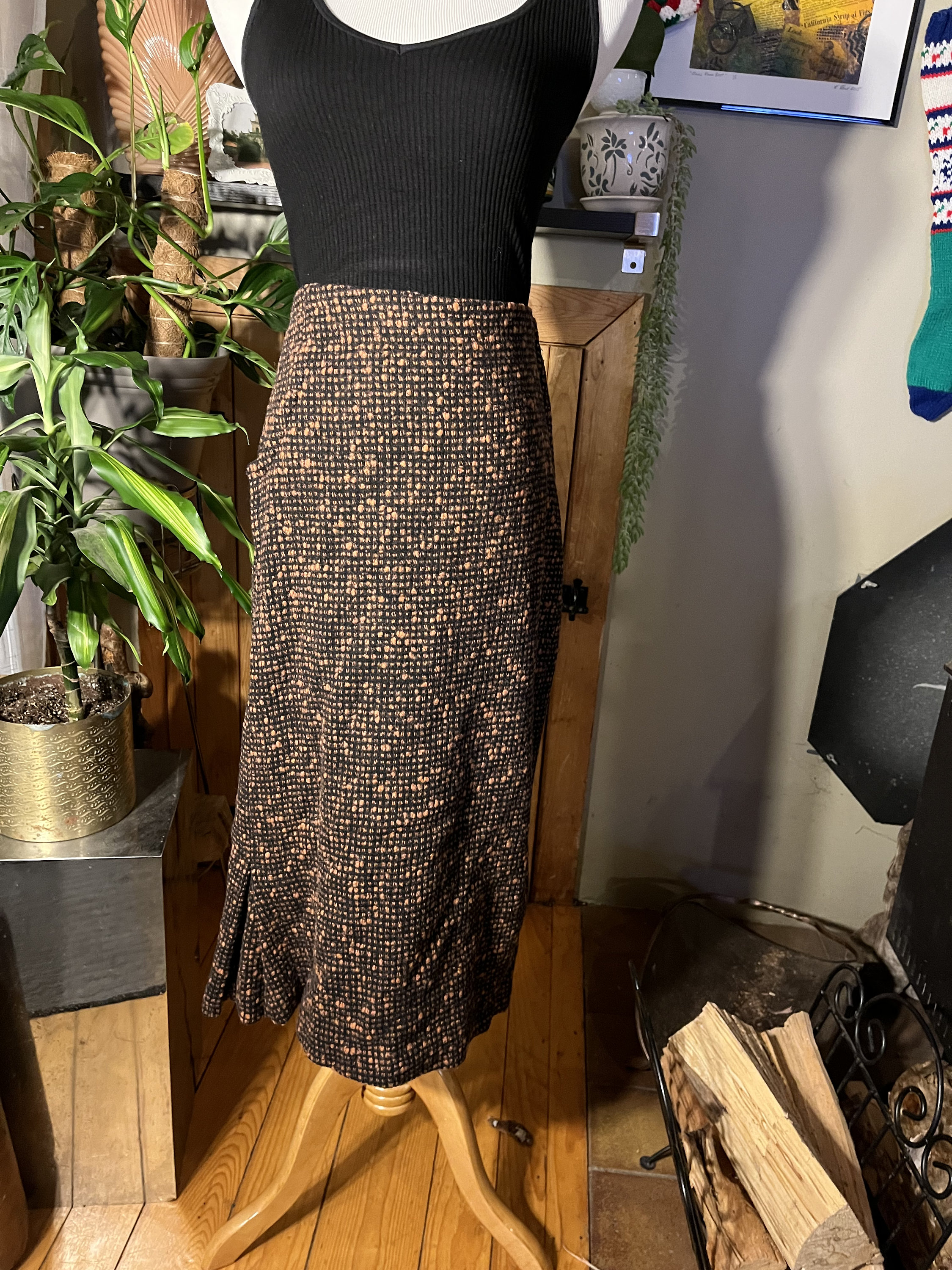 Vintage 50s 60s Brown & Black Tweed Midi Skirt / Retro 1950s Checked Tweed Calf-length Wiggle ...