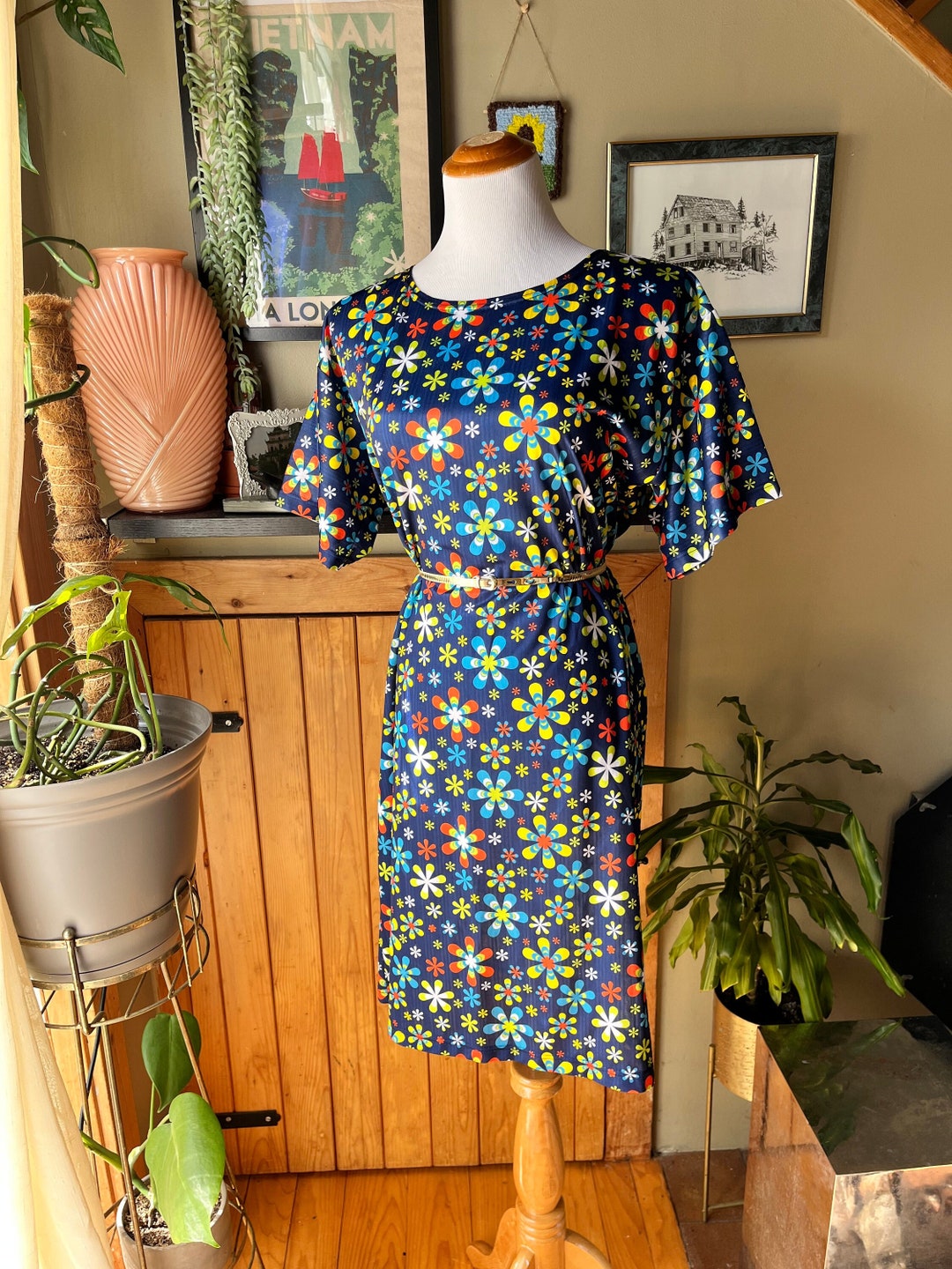 Vintage 90s Groovy Floral Disco Daisy Print Shift Dress / Retro 1990s ...