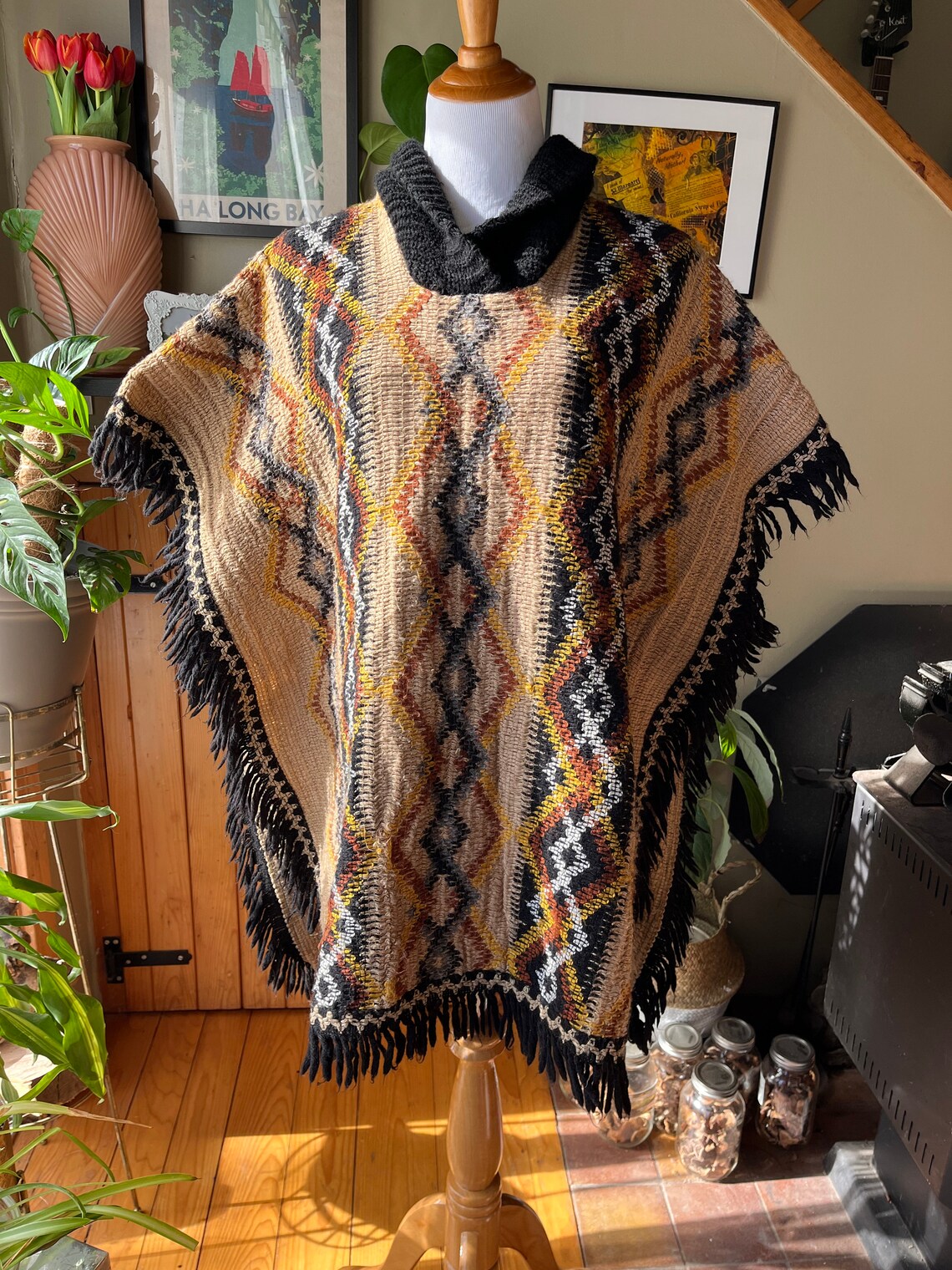 Vintage Made in Mexico Geometric Print Poncho / Retro Brown & Black ...