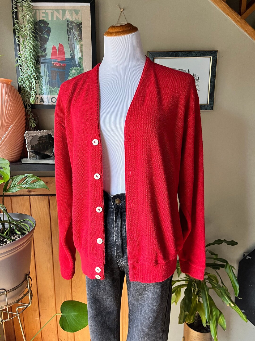 Vintage 70s Bright Red Acrylic Knit Golf Cardigan / Retro 1970s 60s Mr ...