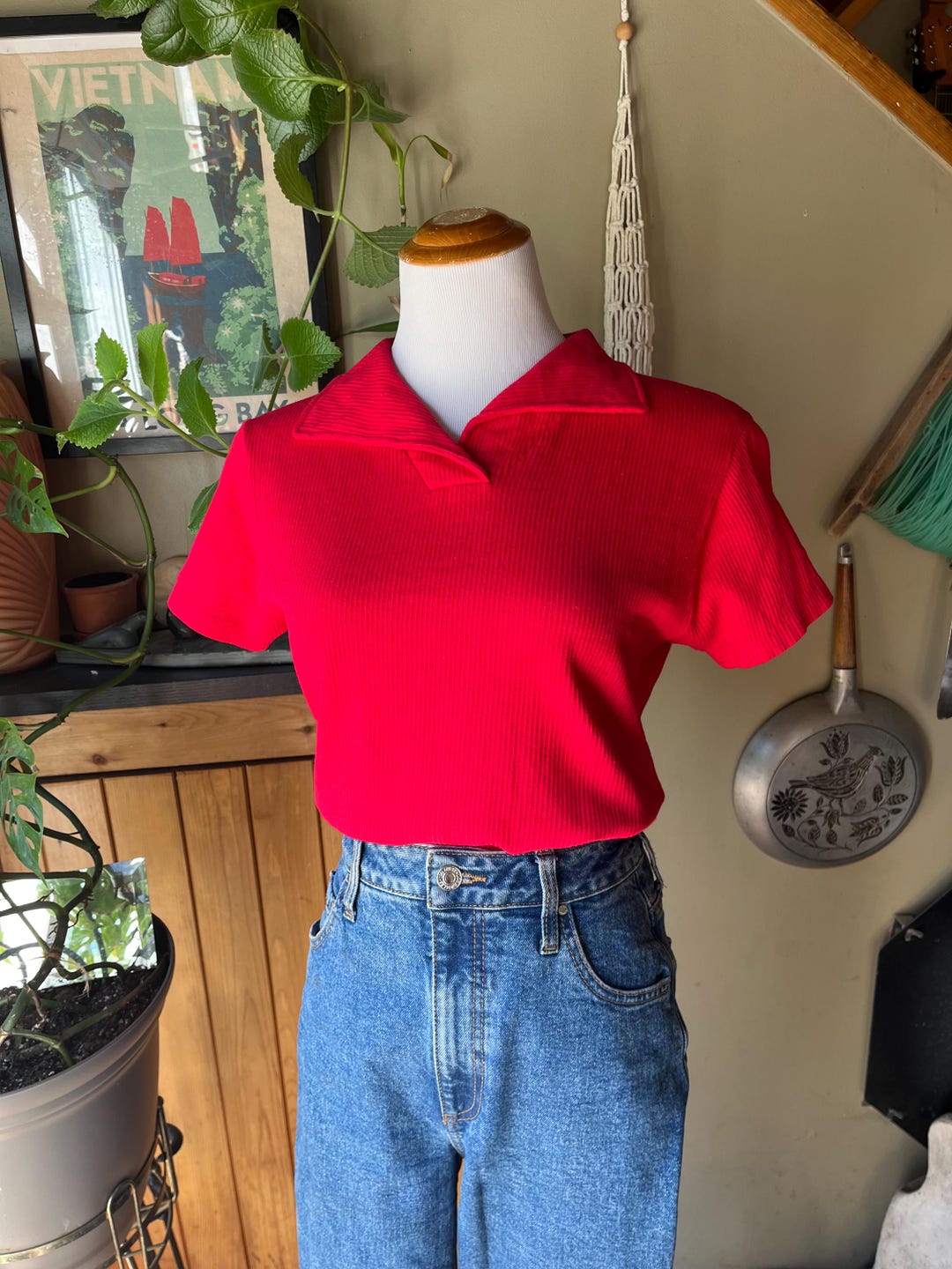 Vintage 50s ‘styled by Junior’ Sporty Cherry Red Ribbed Polo Style Top ...
