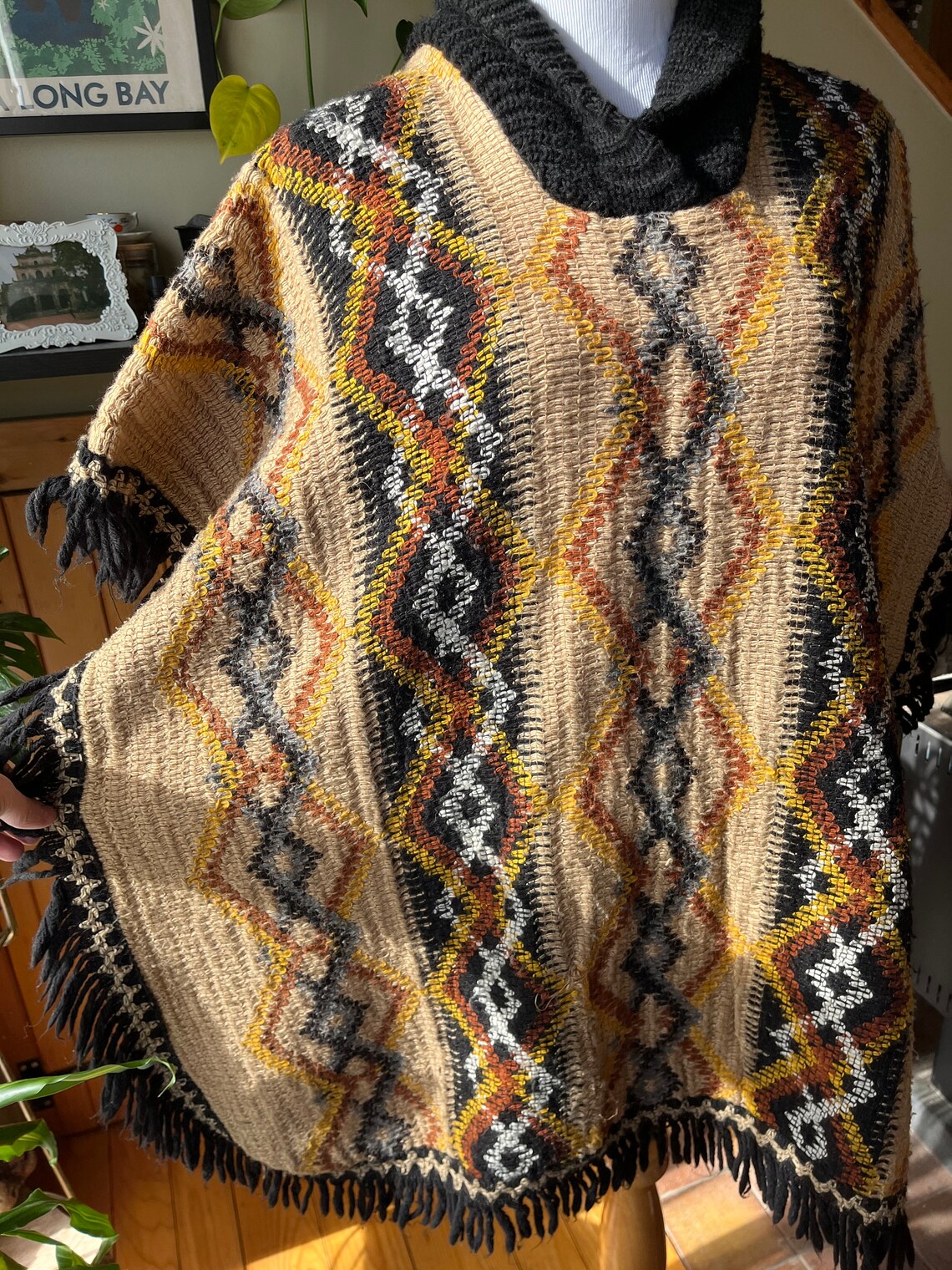 Vintage Made in Mexico Geometric Print Poncho / Retro Brown & Black ...