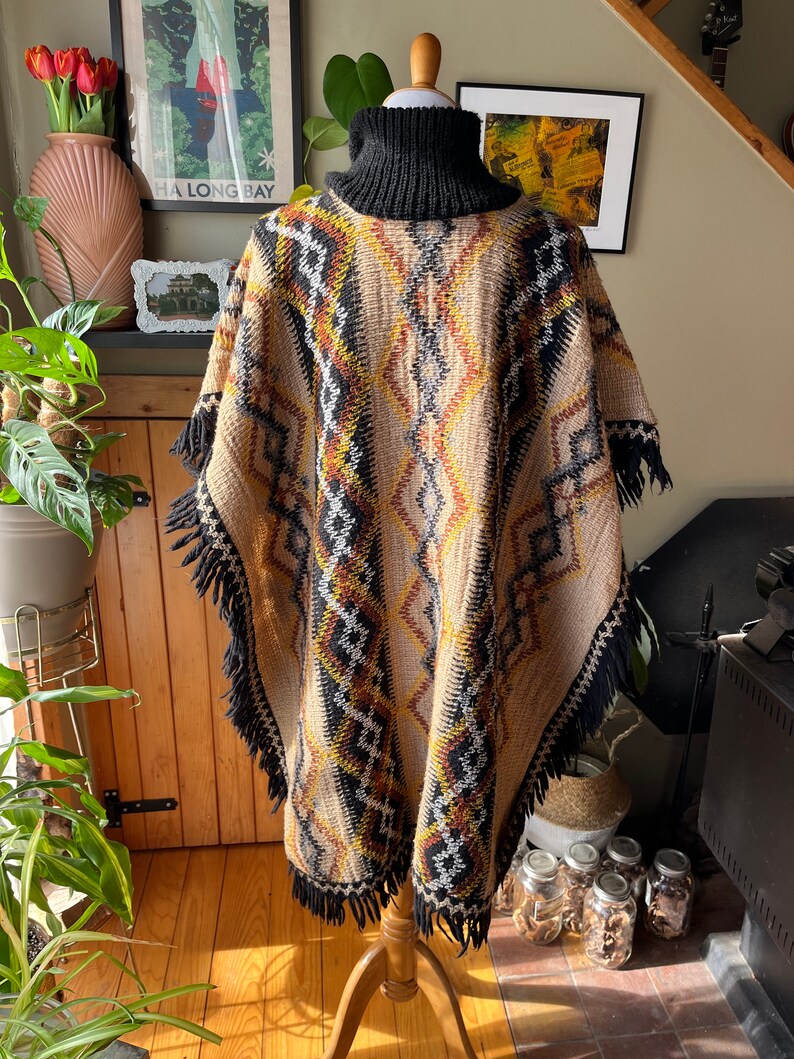 Vintage Made in Mexico Geometric Print Poncho / Retro Brown & Black ...