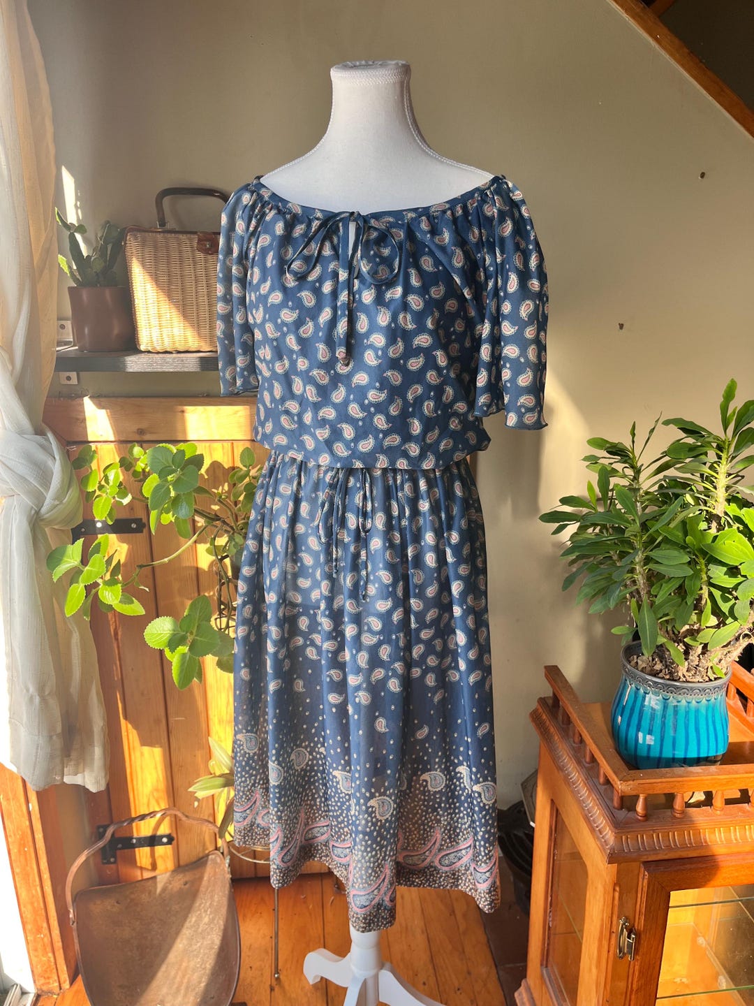 Vintage 70s Paisley Blouson Midi Dress - Boho Prairie Style - Etsy