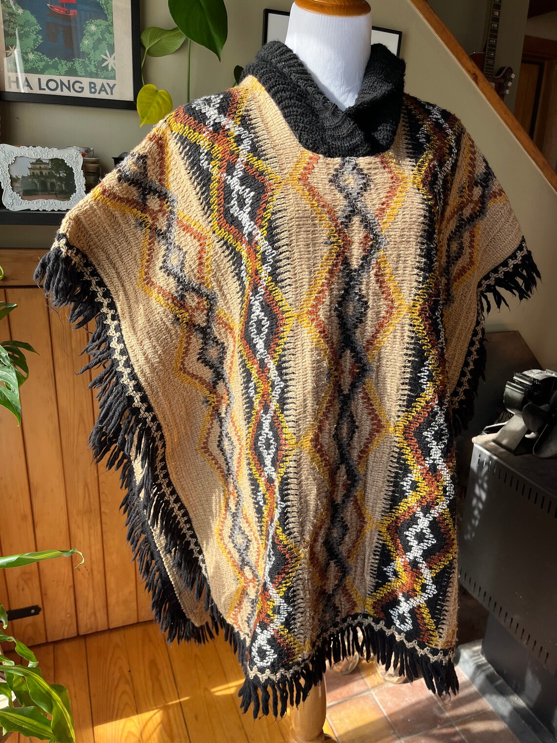 Vintage Made in Mexico Geometric Print Poncho / Retro Brown & Black ...