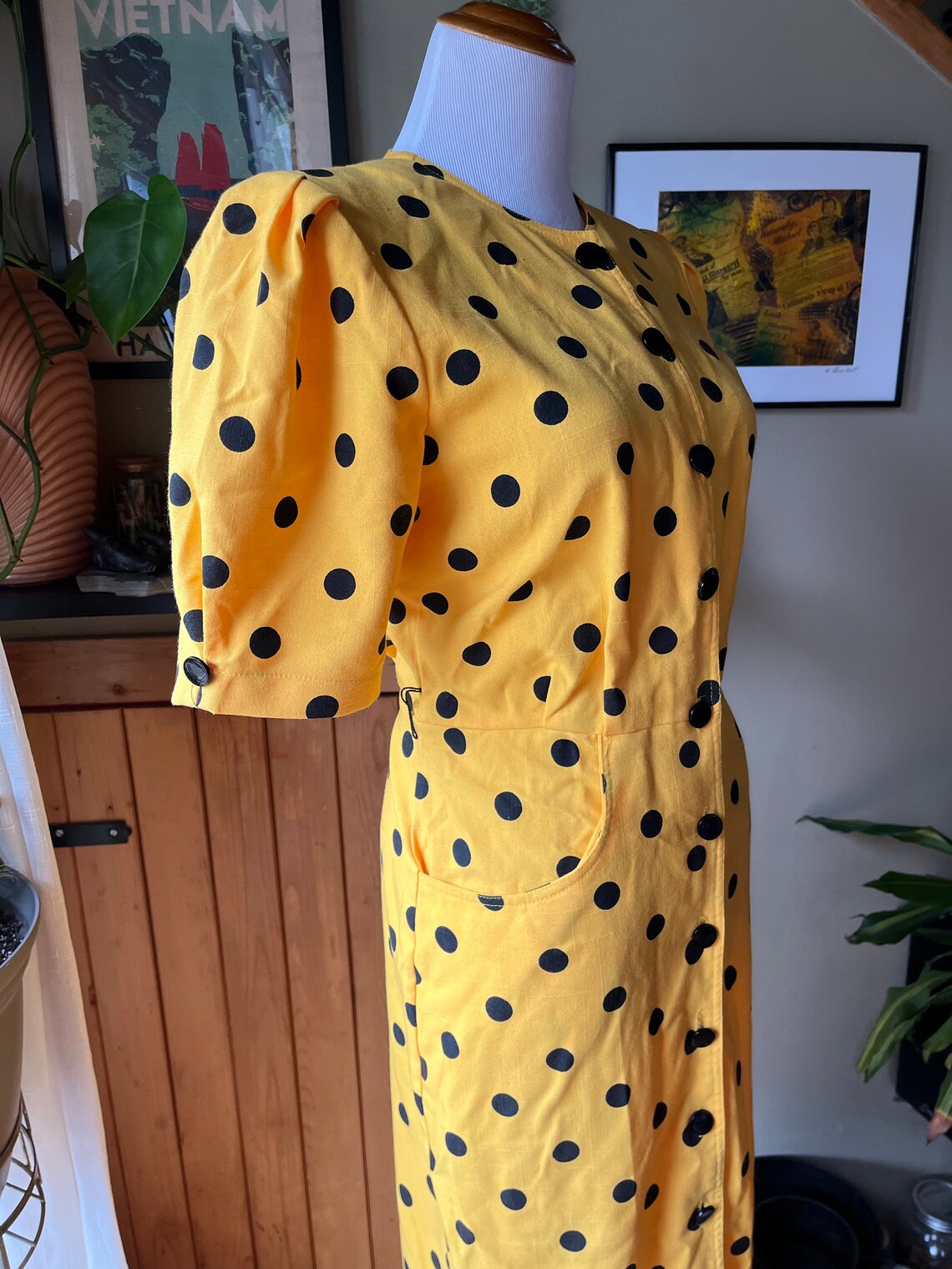 Vintage 80s Mustard Yellow Black Polka Dot Dress / Retro 1980s Button ...