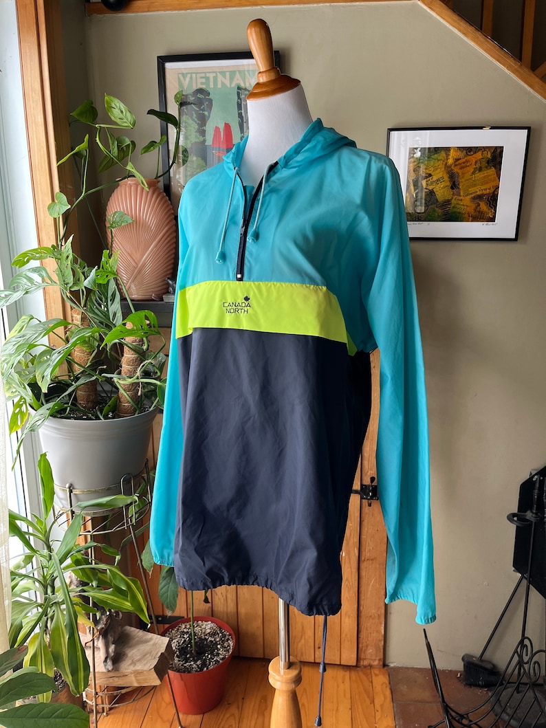 Vintage 90s Bright Blue Lime Green Anorak Windbreaker / Retro 1990s ...