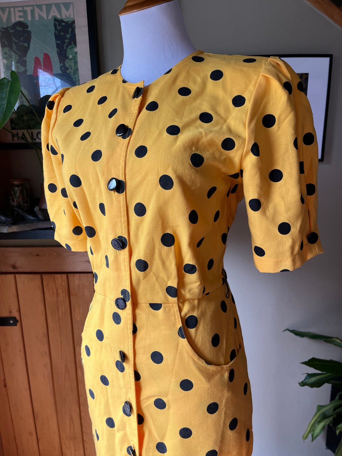 Vintage 80s Mustard Yellow Black Polka Dot Dress / Retro 1980s Button ...
