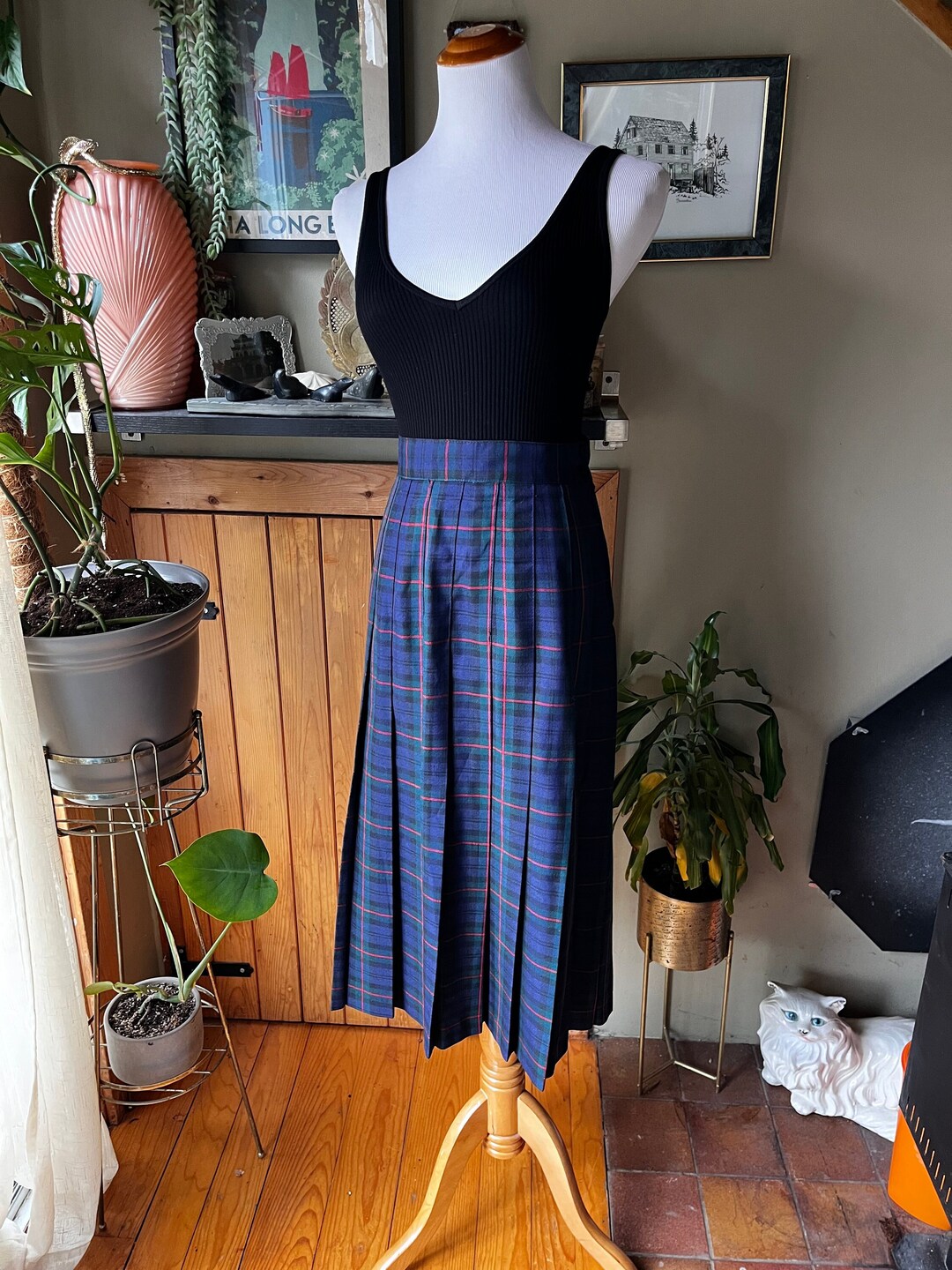 Vintage 70s Navy Blue Red & Spruce Green Plaid Midi Skirt / Retro 1970s ...