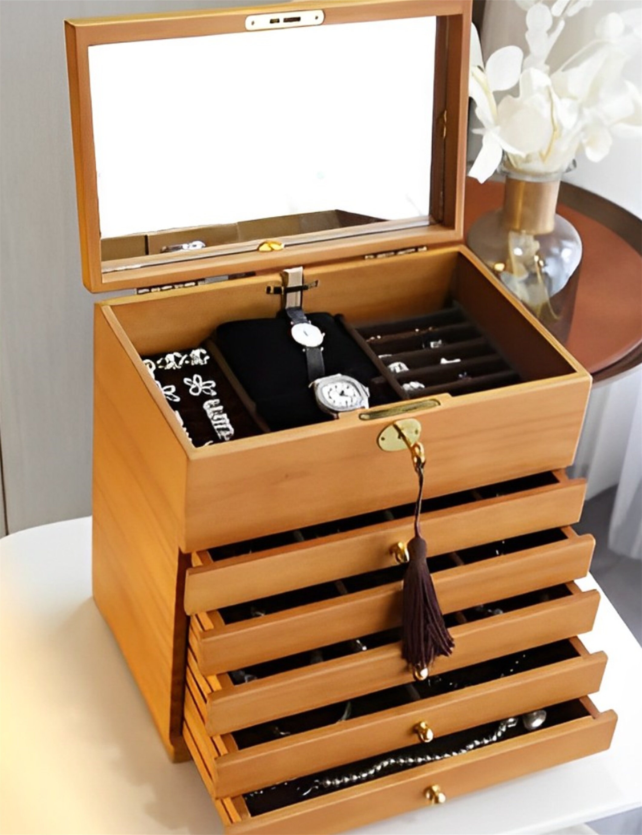 High-capacity 6 Layer Wooden Jewelry Box With Lock, Large Jewelry ...