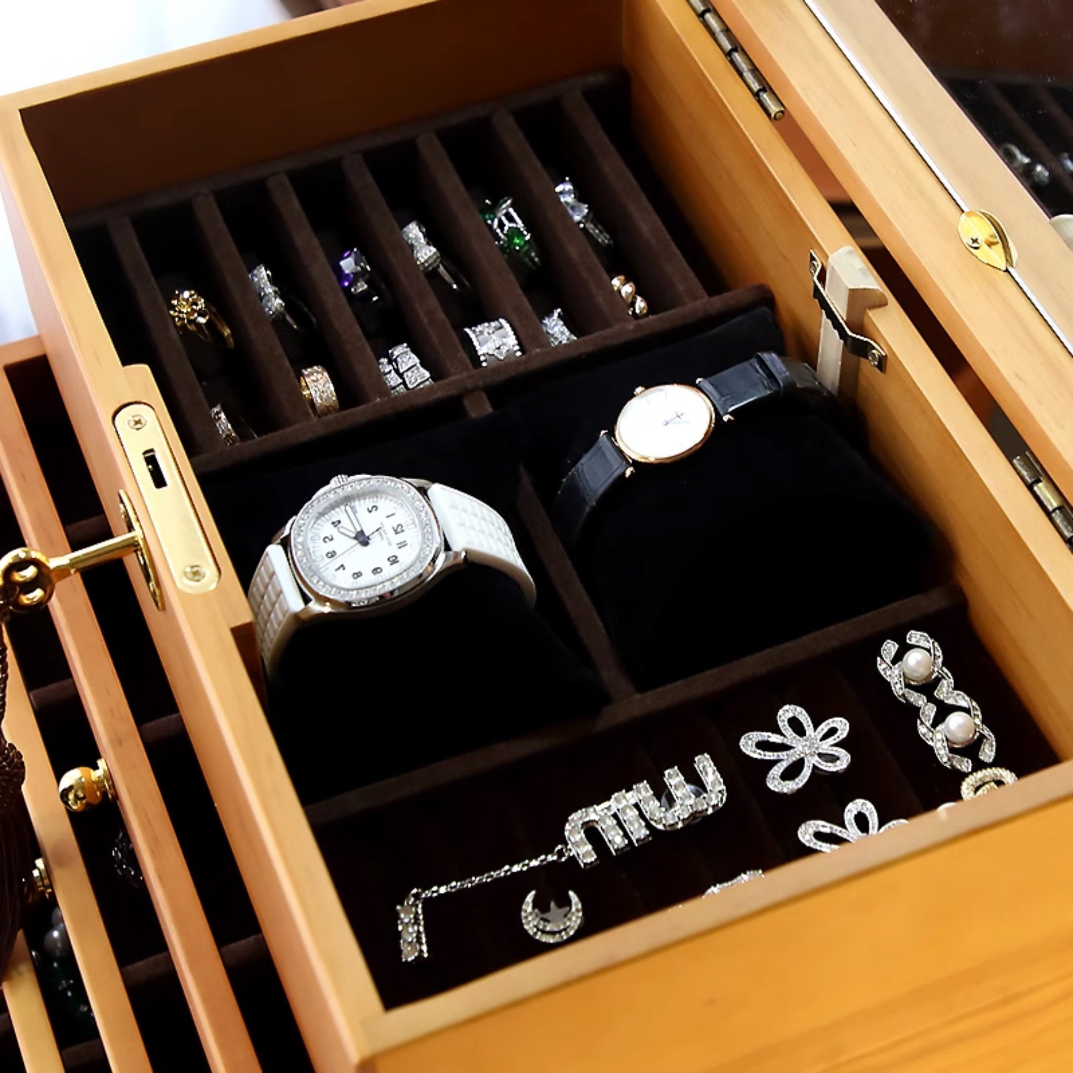 High-capacity 6 Layer Wooden Jewelry Box With Lock, Large Jewelry ...