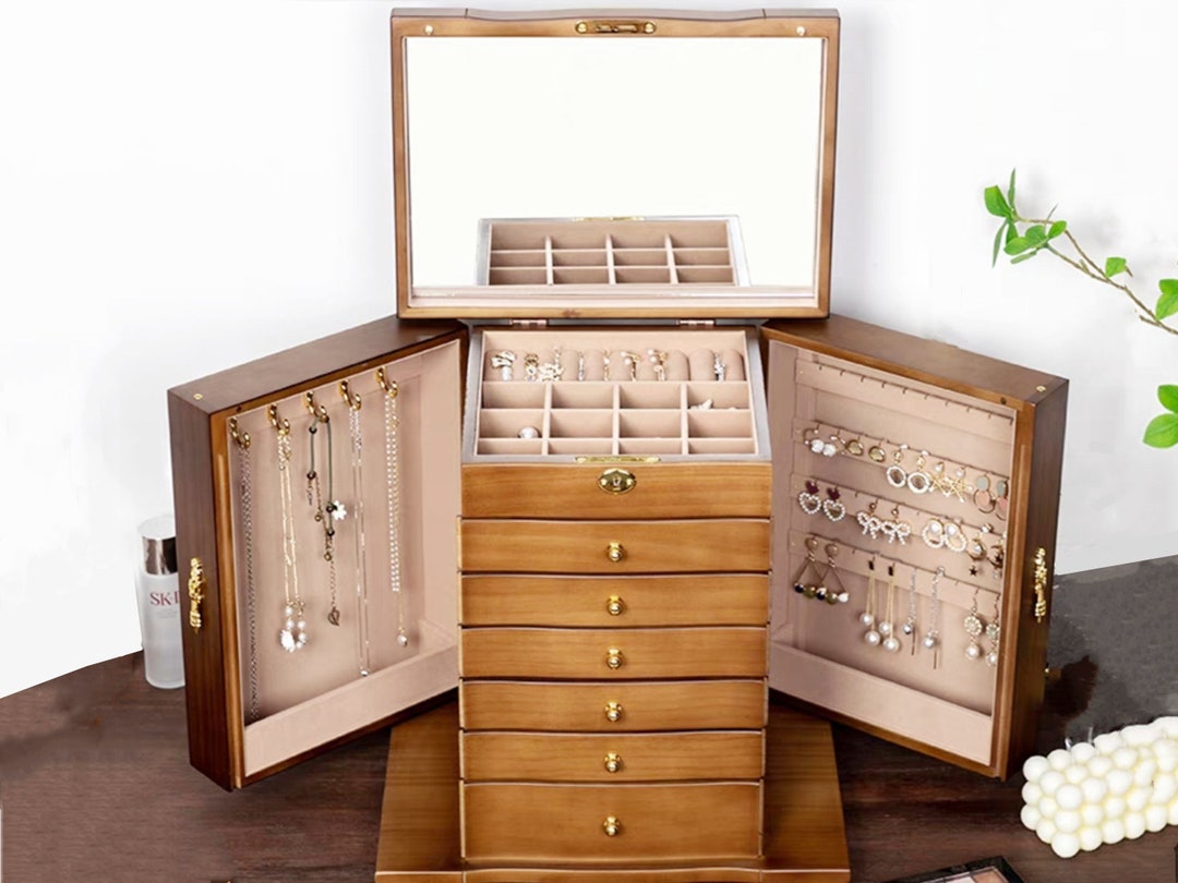 Large 7 Layer Wooden Jewelry Box,high-capacity Locking Jewelry ...